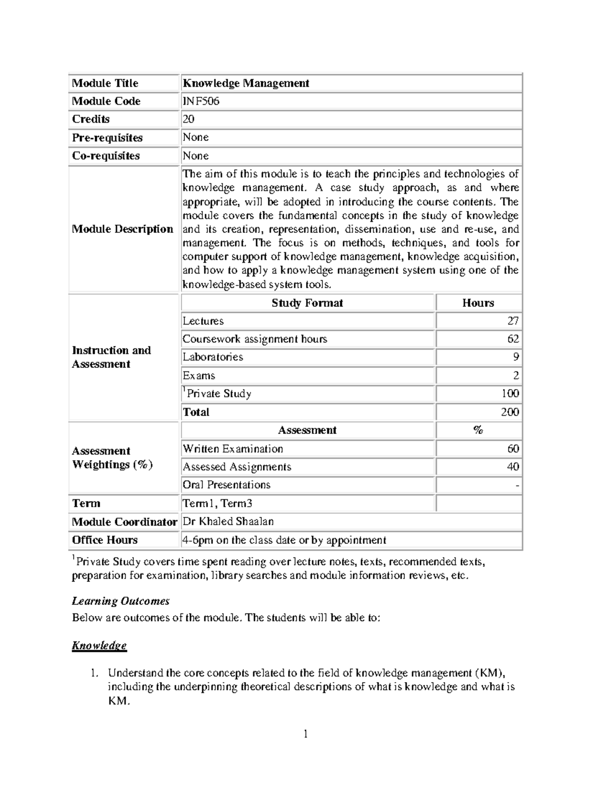 Knowledge Management - module description - Module Title Module Code ...
