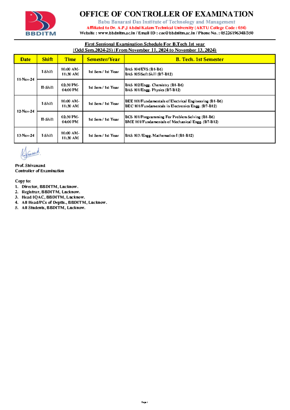 Final 1st Sessional Date Sheet B Tech all Year & MBA all Year - Date Shift Time Semester/Year B ...
