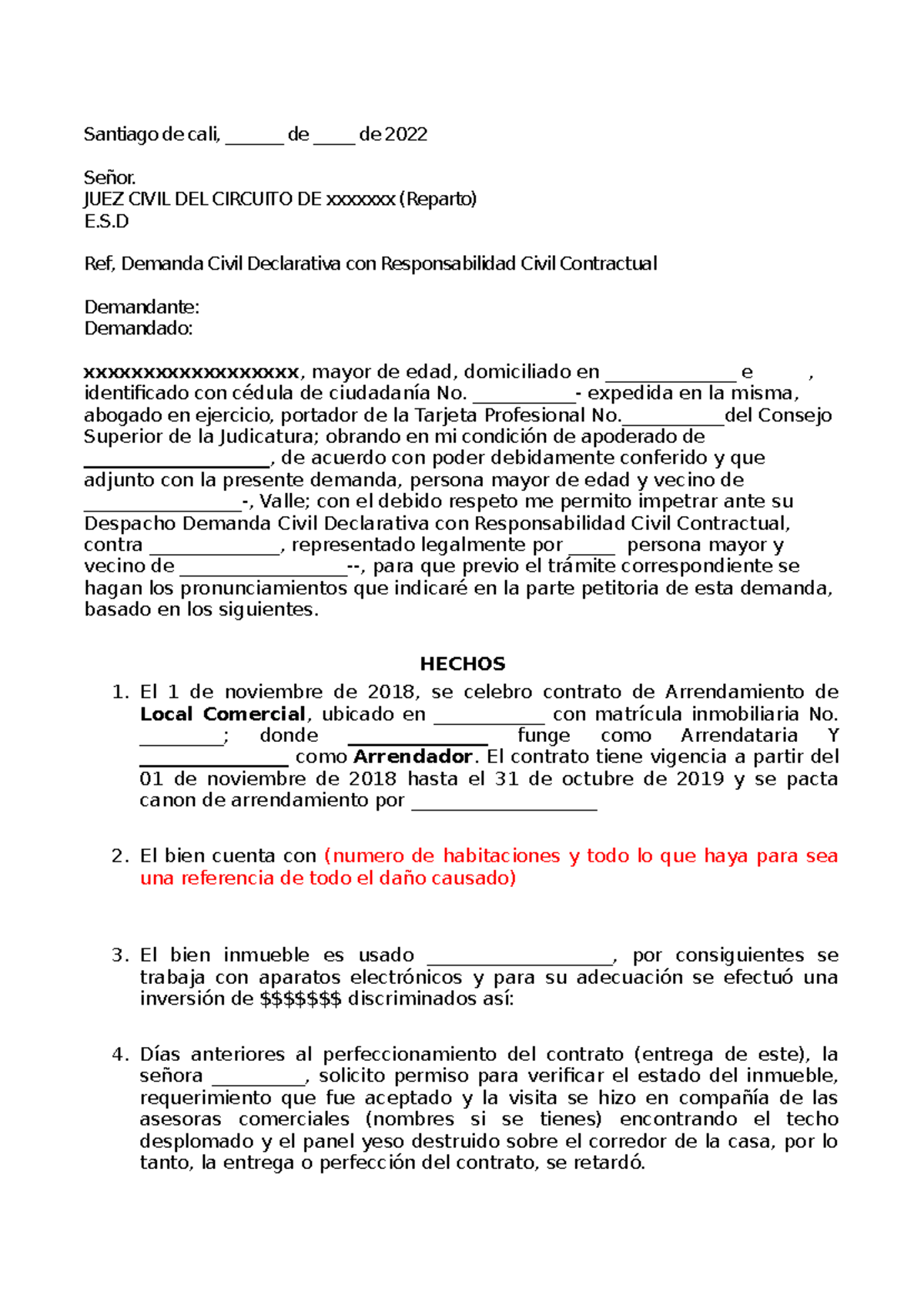 Demanda Declarativo CON Responsabilidad Civil Contractual modelo ...