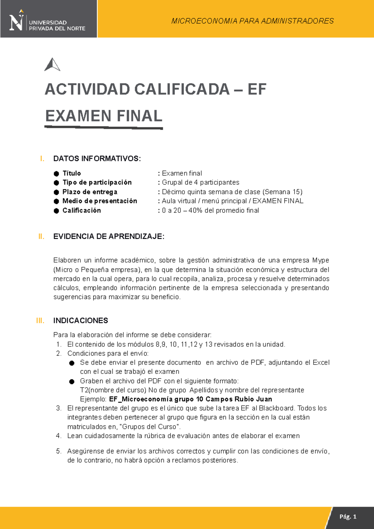 ECON.1209.222.1.EF - tareas - ACTIVIDAD CALIFICADA – EF EXAMEN FINAL I. DATOS INFORMATIVOS ...