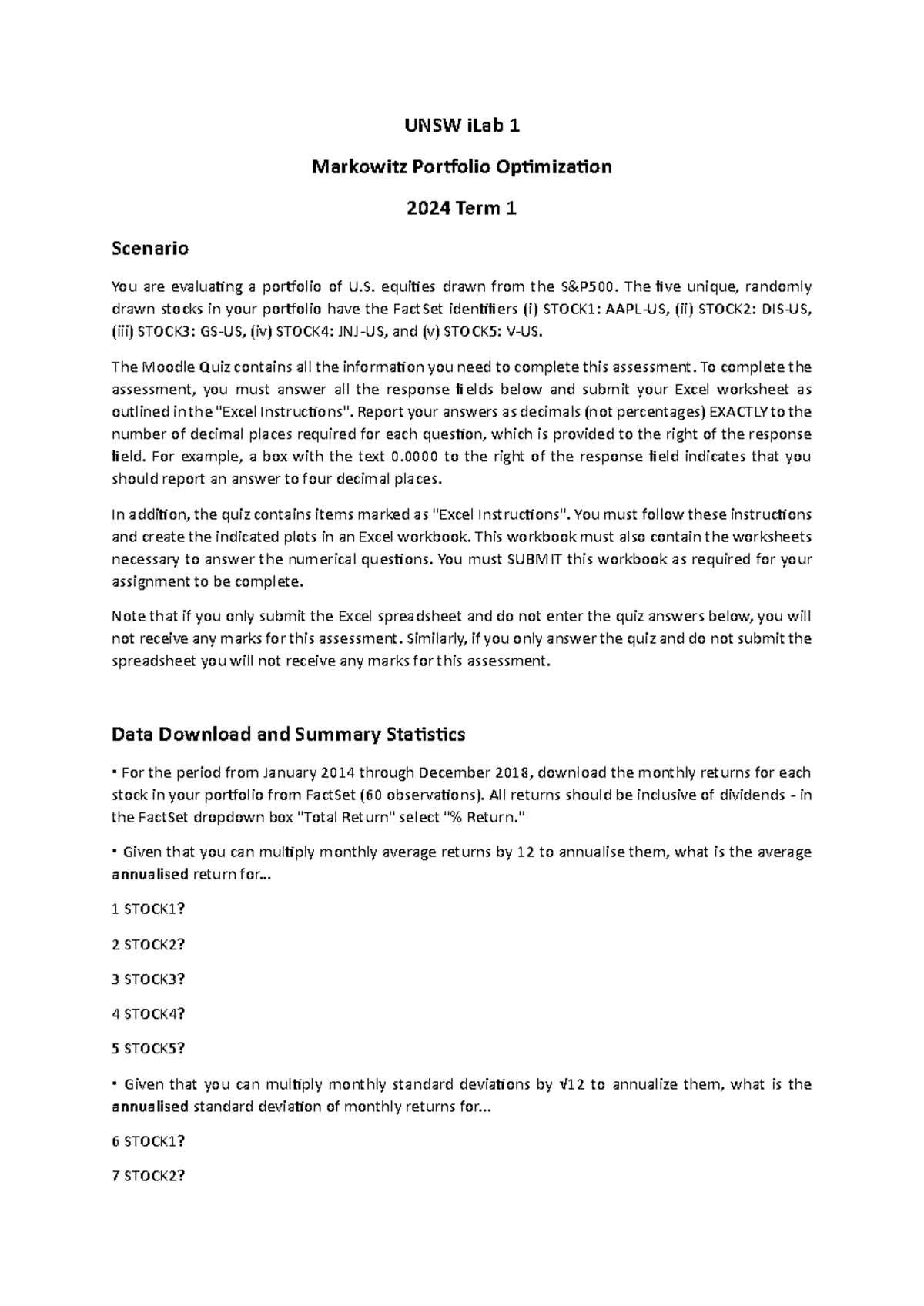 UNSW i Lab 1 - UNSW iLab 1 Markowitz Portfolio Optimization 2024 Term 1 ...