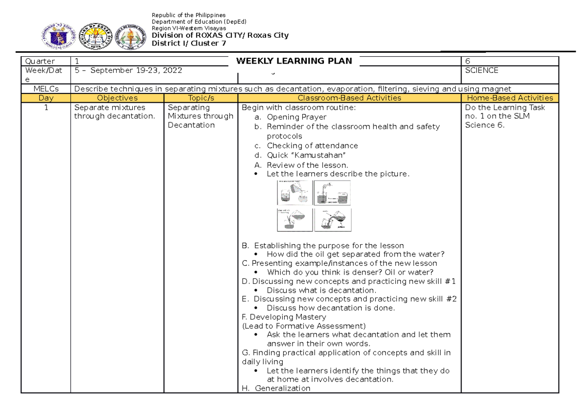 Weekly Learning PLAN Q1 W5 Science - Quarter 1 Grade Level 6 Week/Dat e ...