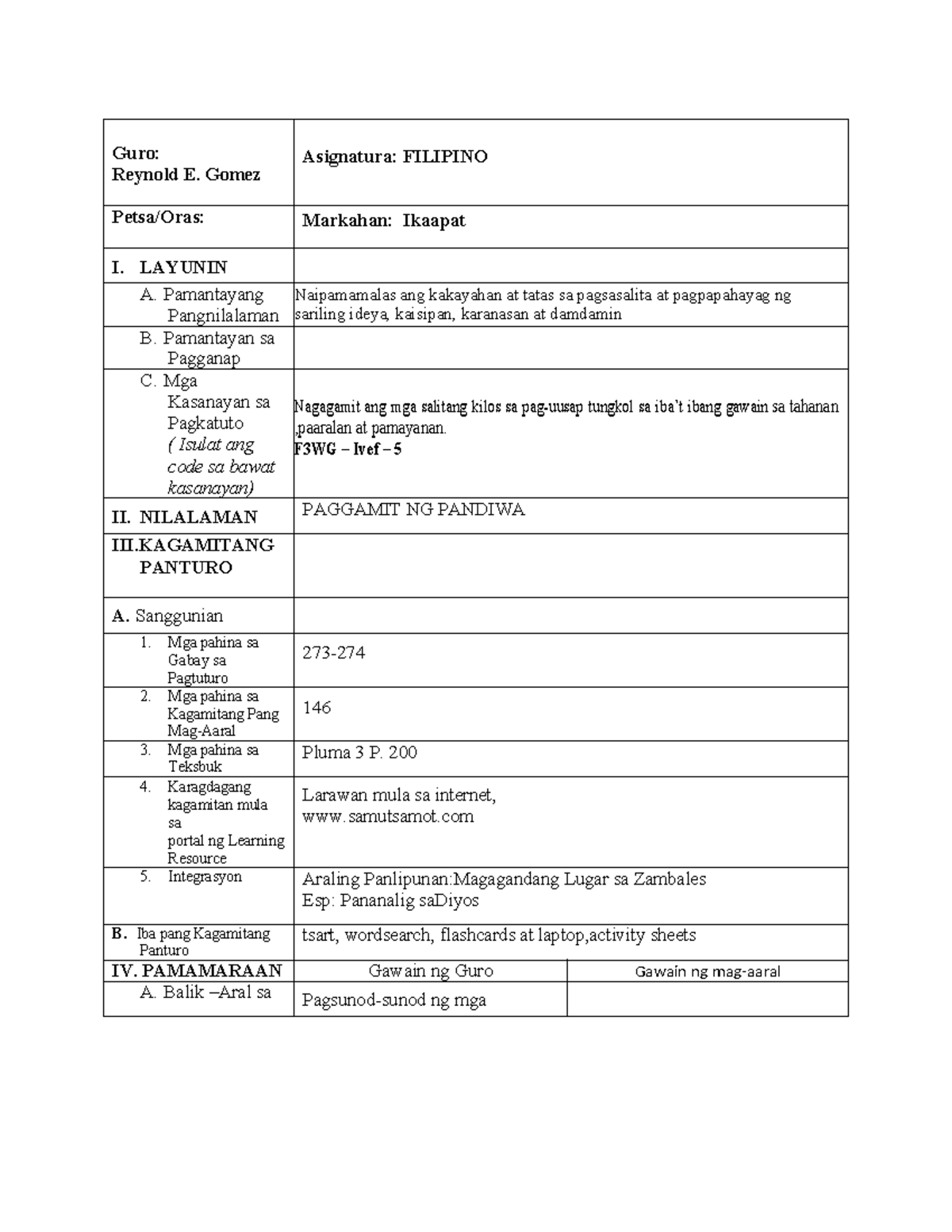 Reynold E. Gomez BEED 2-F - Guro: Reynold E. Gomez Asignatura: FILIPINO ...