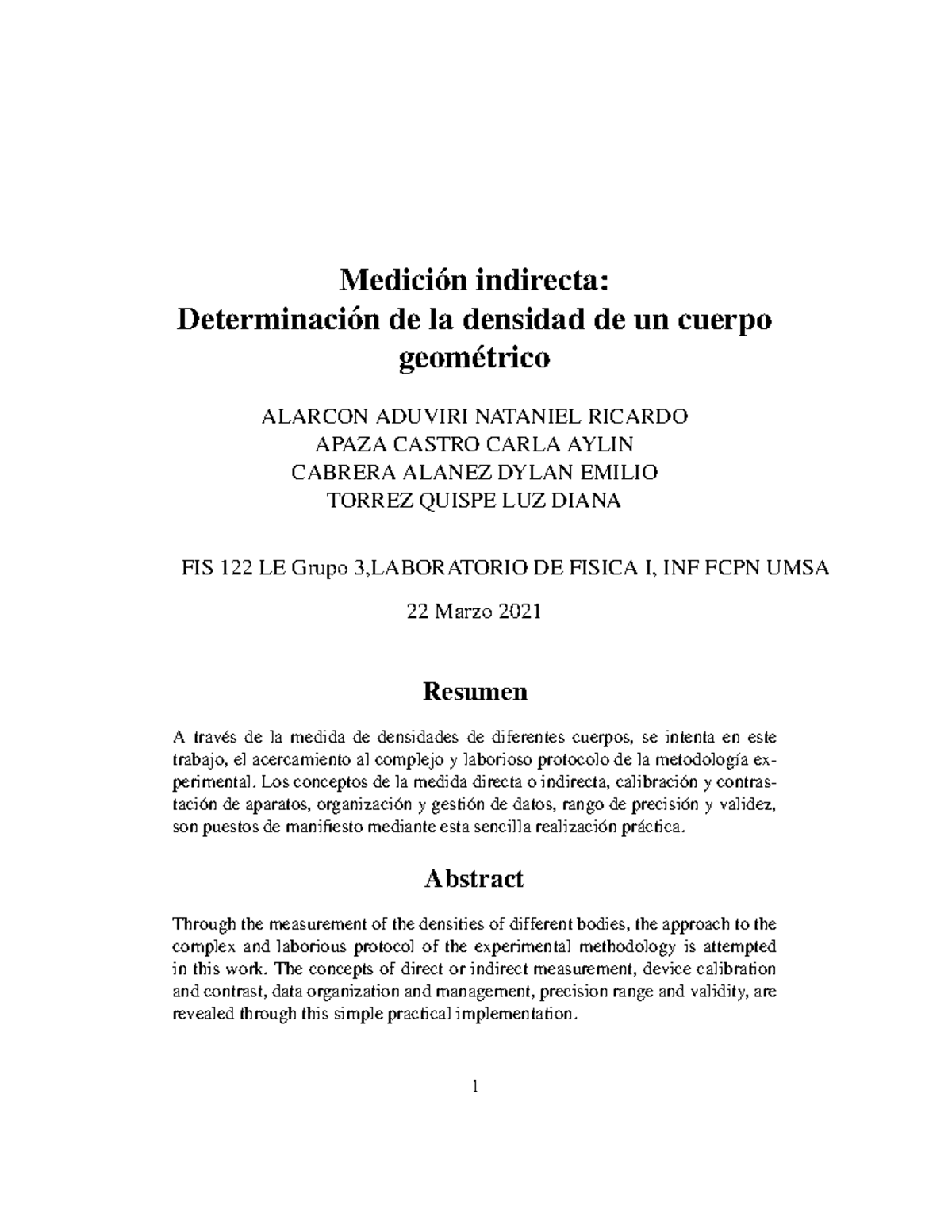 Medición indirecta - Medicion indirecta: ́ Determinacion de la densidad ...
