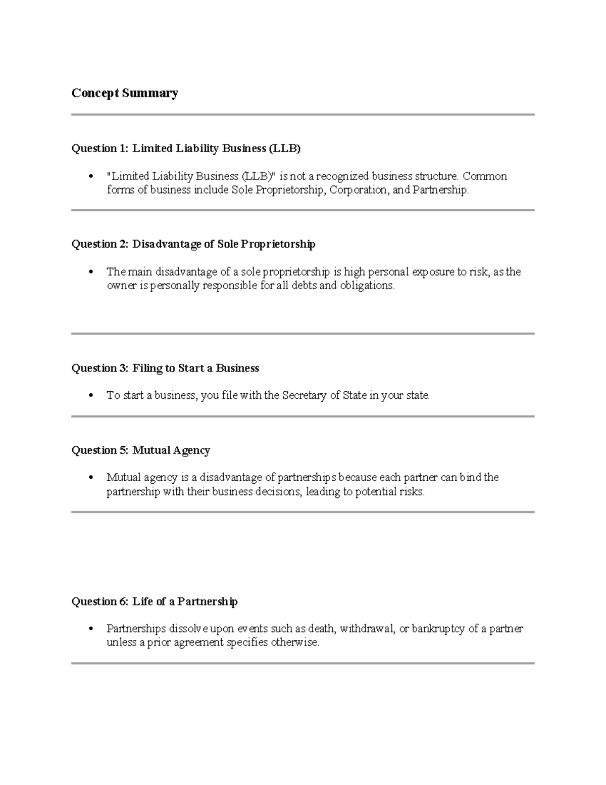 Lecture 1 - Summary 1 for BA 101 Midterm 3 - Concept Summary Question 1: Limited Liability ...