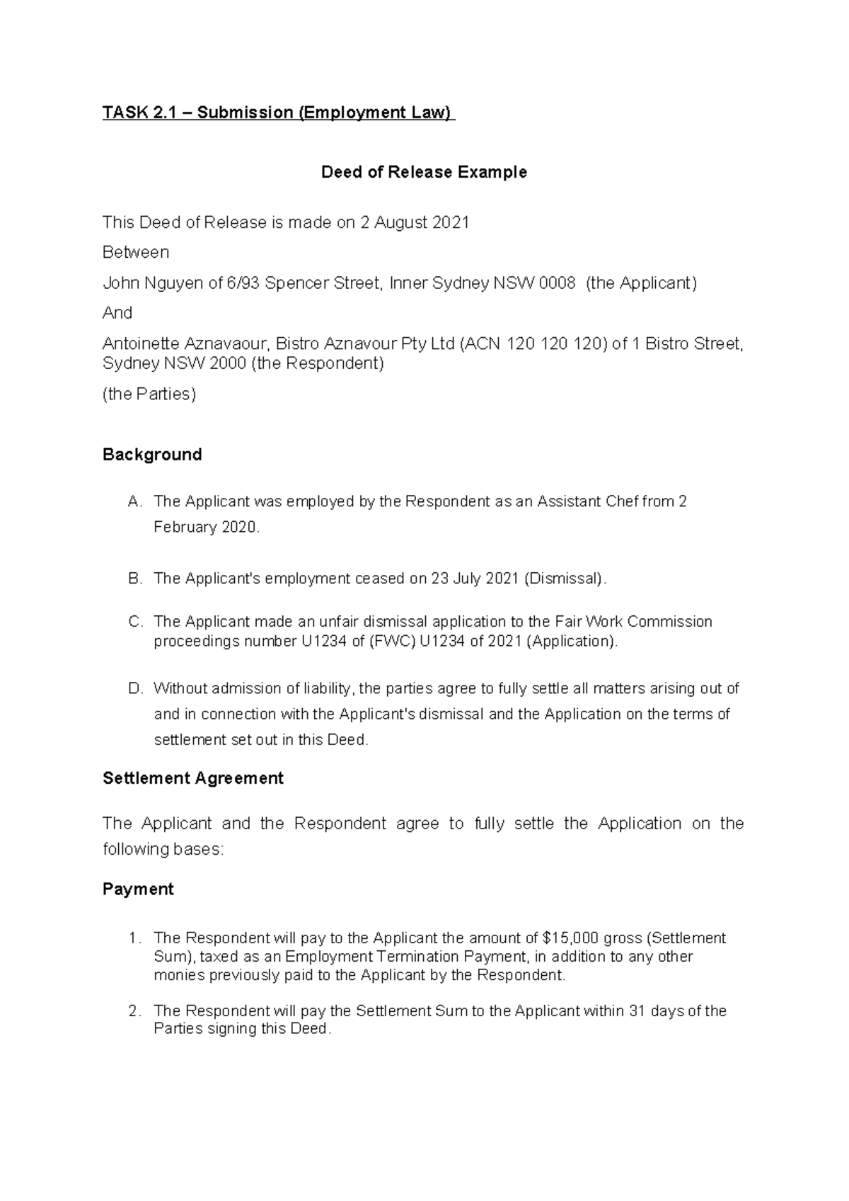 Assignment 2.1 activity - TASK 2 – Submission (Employment Law) Deed of ...