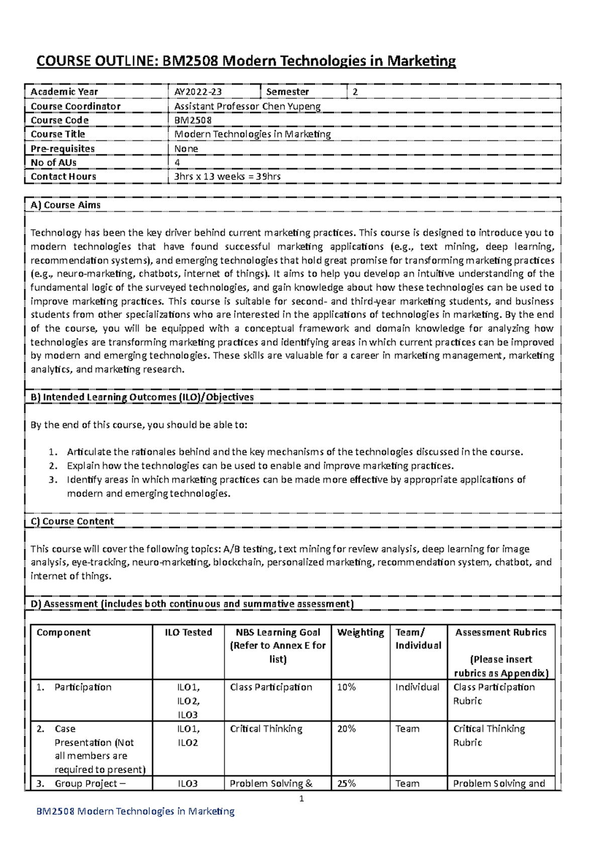 BM2508 Modern Technologies in Marketing S2 AY2022 - COURSE OUTLINE ...