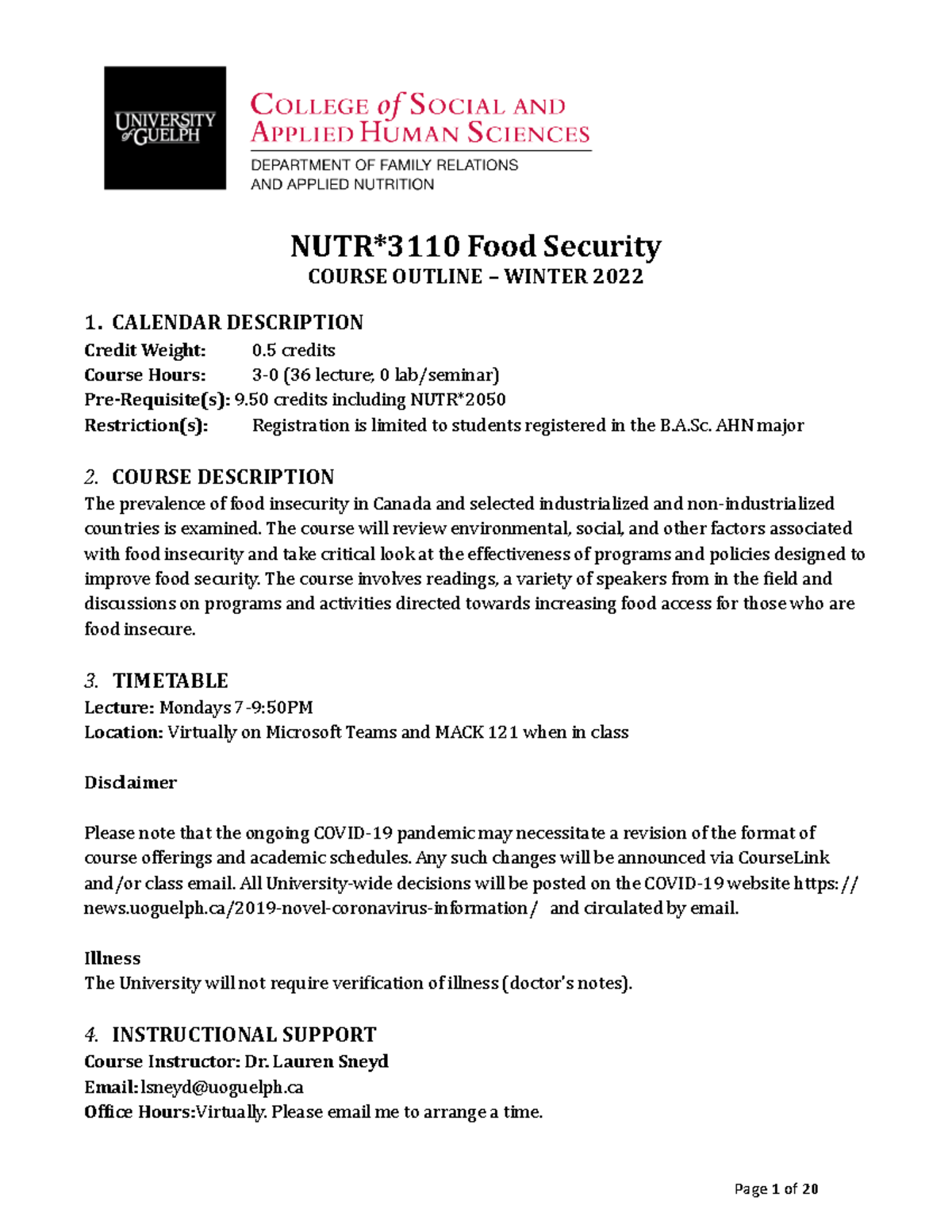 NUTR 3110 Food Security course outline - NUTR*3110 Food Security COURSE ...