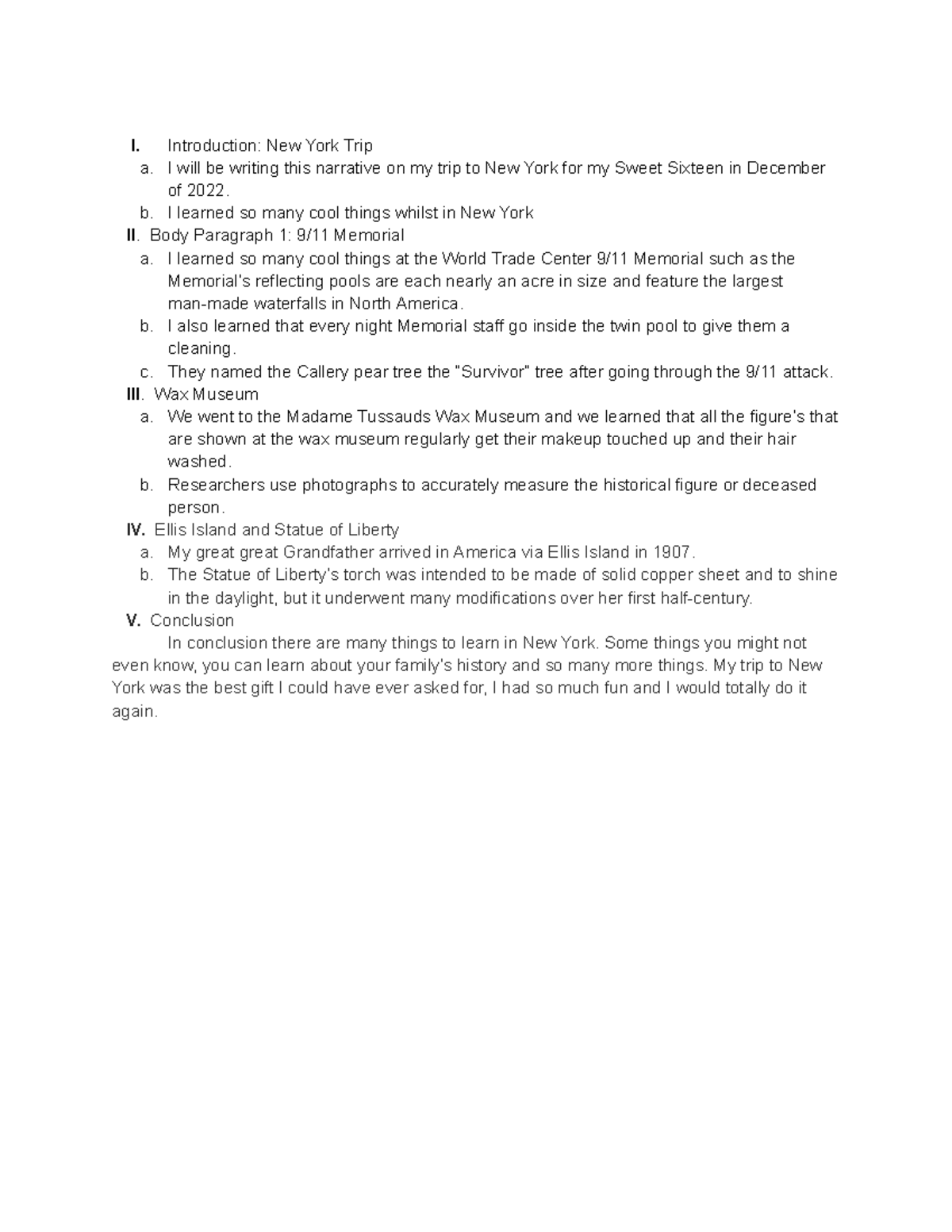 Introduction New York Trip - I. Introduction: New York Trip a. I will ...