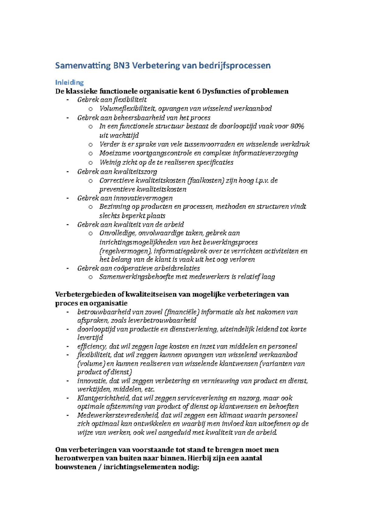 BN3 syllabus - Samenvatting BN3 Verbetering van bedrijfsprocessen ...