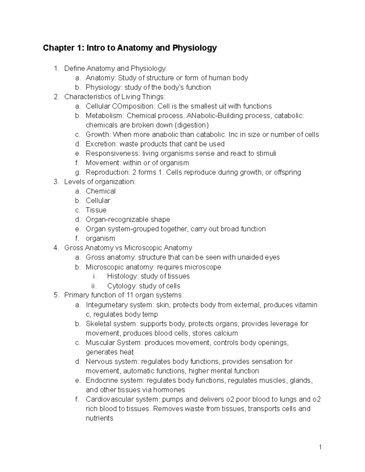 Bio 141 Unit 1 Learning Objectives Chapter 1 Intro To Anatomy And 