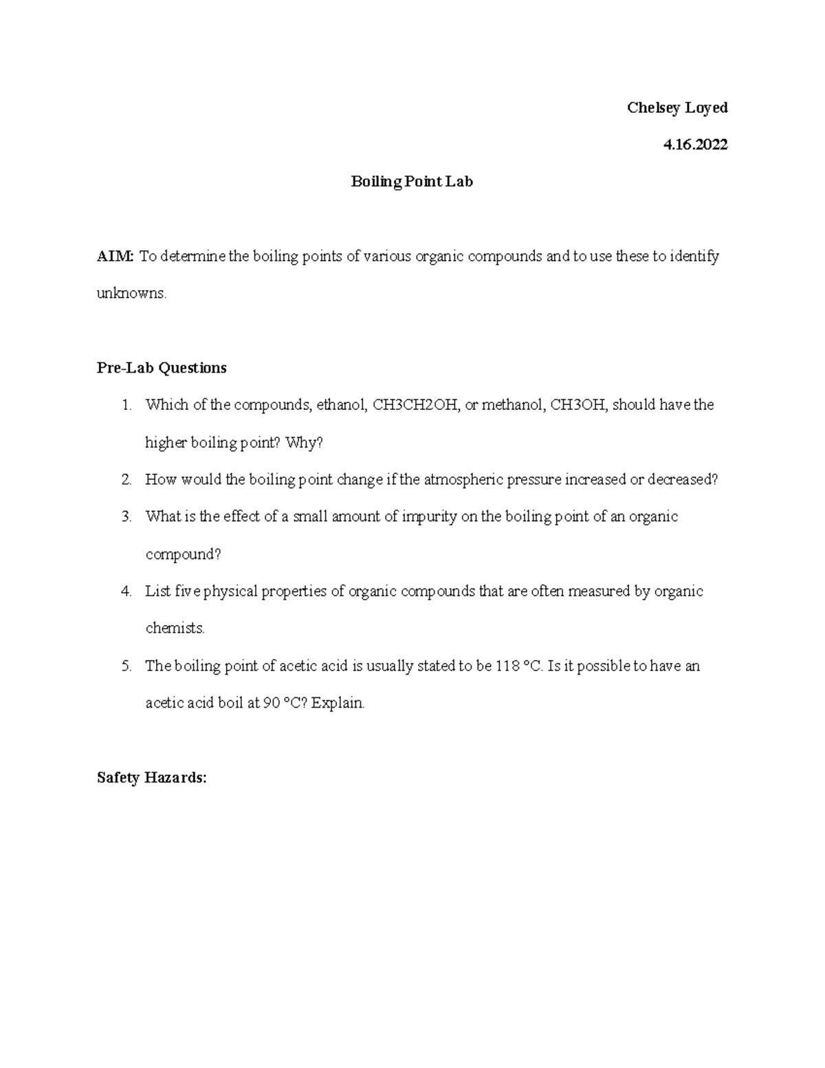 Boiling Points - Assignment - Chelsey Loyed 4. Boiling Point Lab AIM ...
