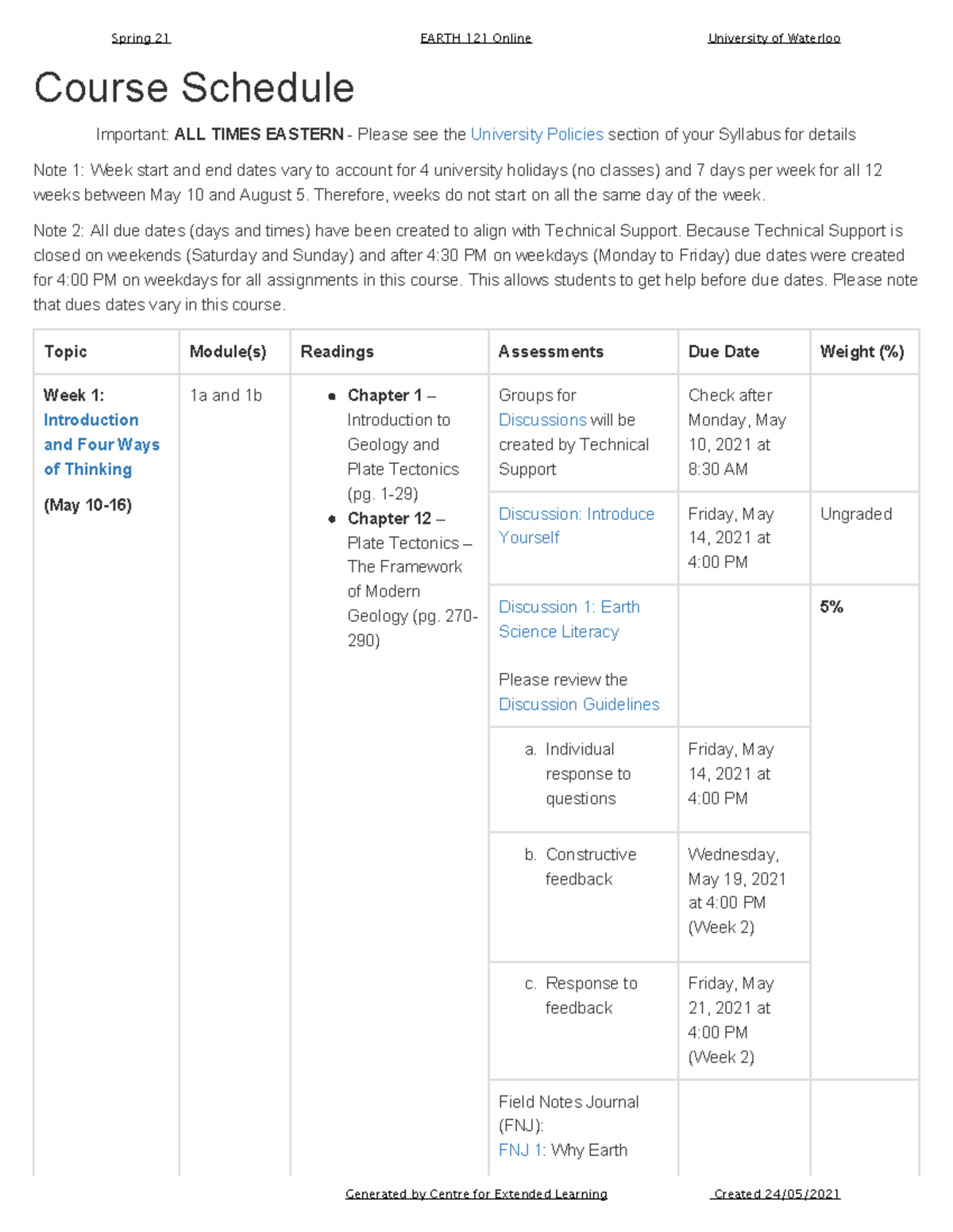 Spring 21 EARTH 121 Online University of Waterloo Course Schedule - Studocu