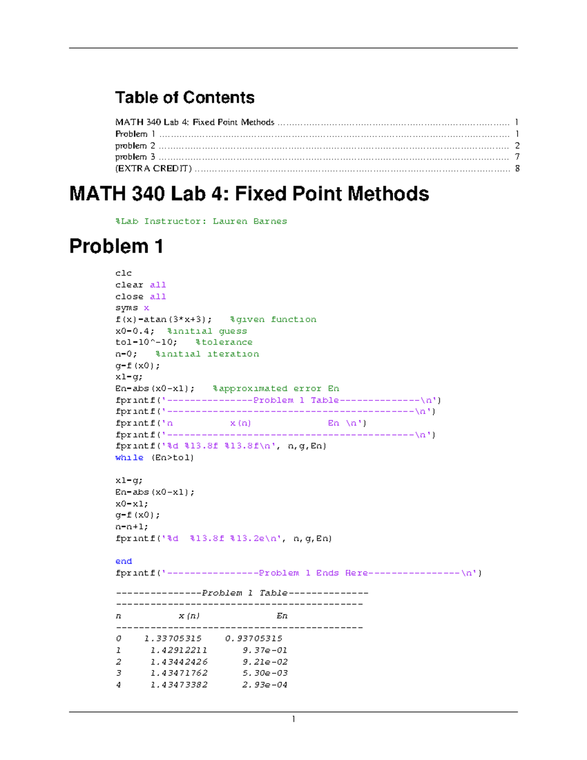 Lab4code - Matlab Lab 4 - Table of Contents MATH 340 Lab 4: Fixed Point ...