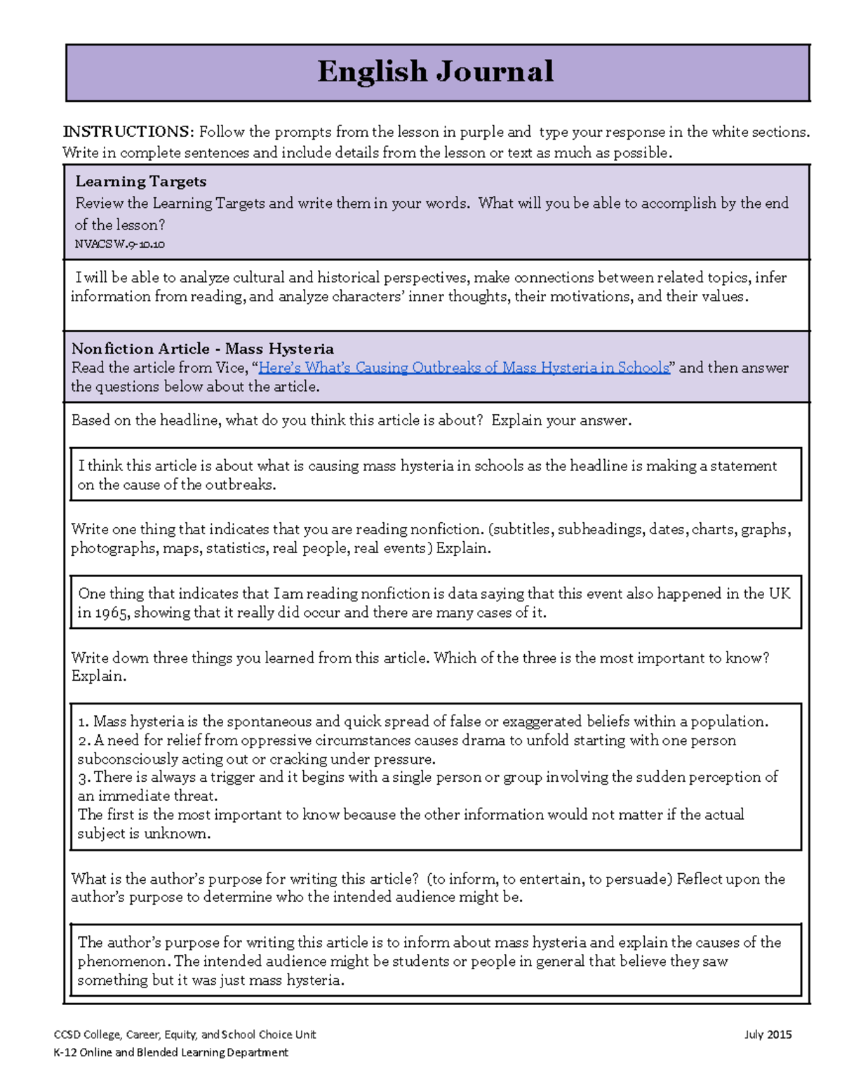 English Crucible Acts 1 & 2 English Journal - English Journal ...