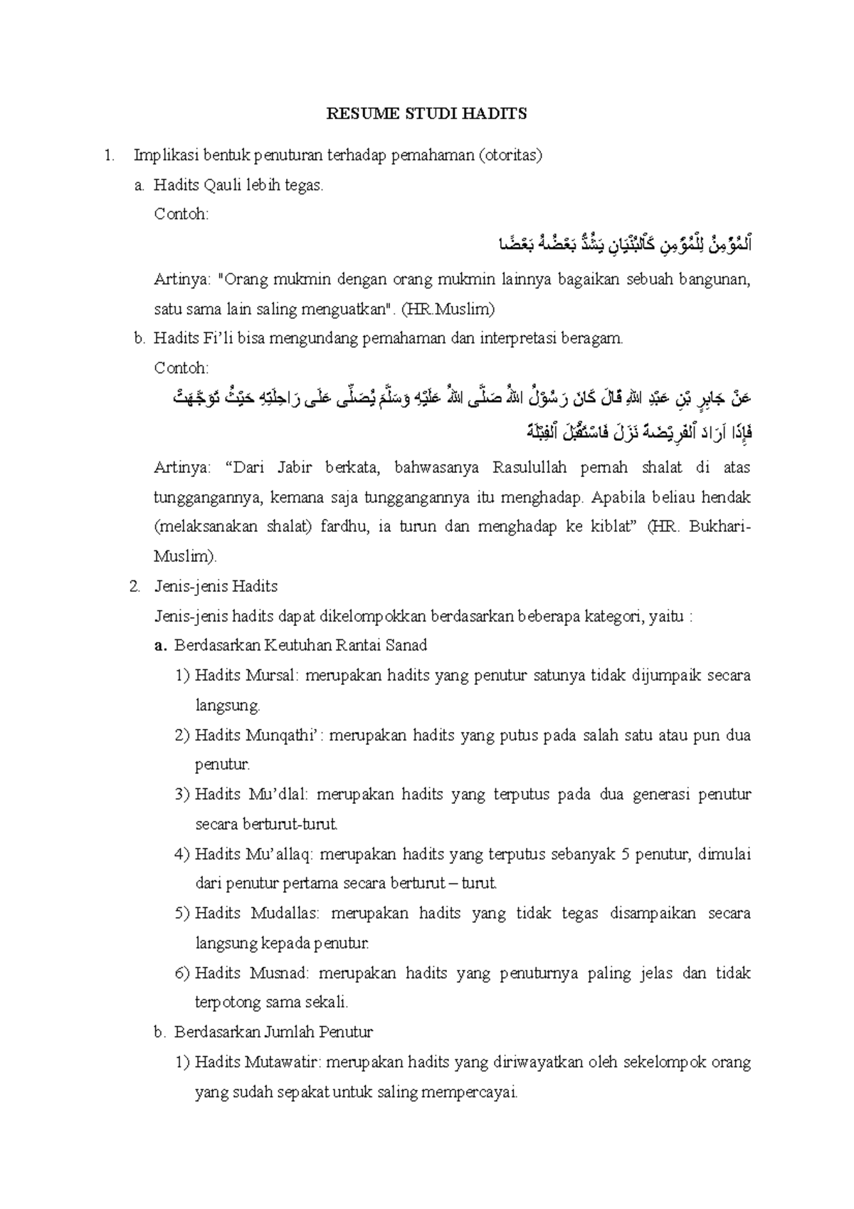 Resume Studi Hadis 2 - RESUME STUDI HADITS Implikasi bentuk penuturan terhadap pemahaman ...