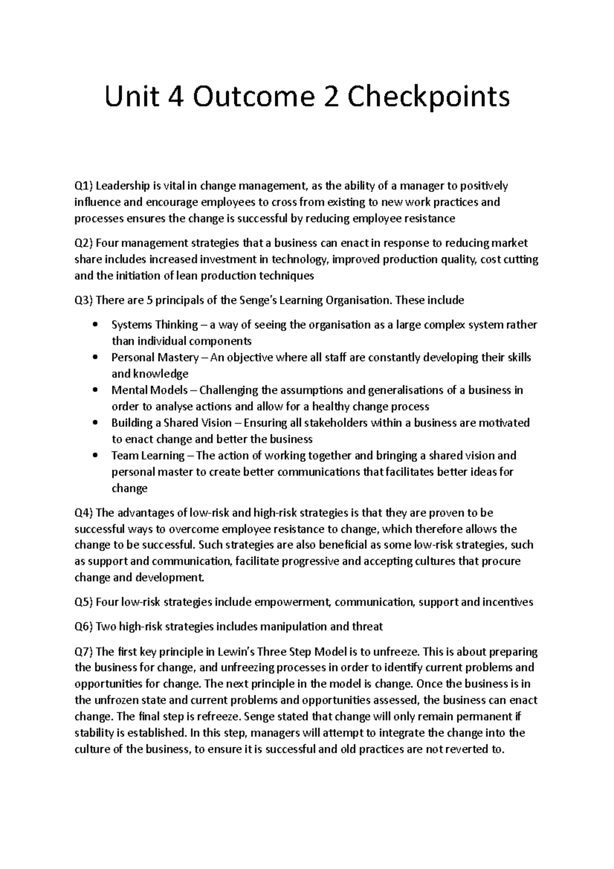 Unit 4 Outcome 2 Checkpoints - Unit 4 Outcome 2 Checkpoints Q1 ...