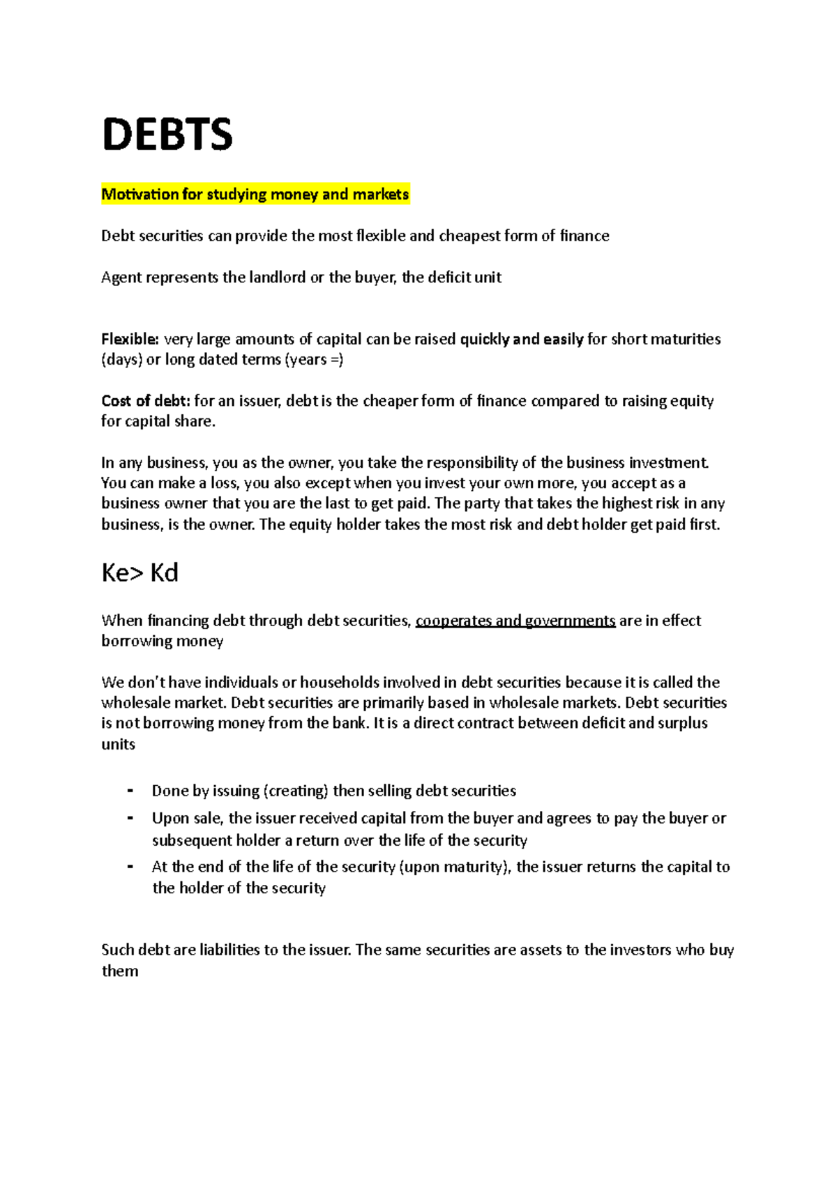 Debts and equities notes - finance - FNCE20001 - Monash - Studocu