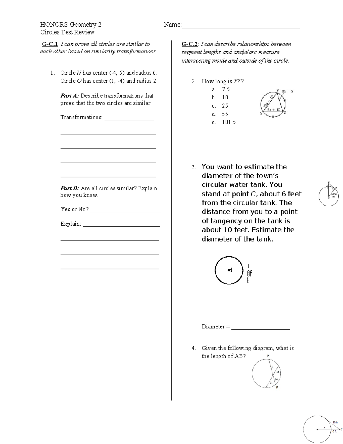 Honors Geometry 2 Circles Test Review - Circles Test Review G-C I can ...