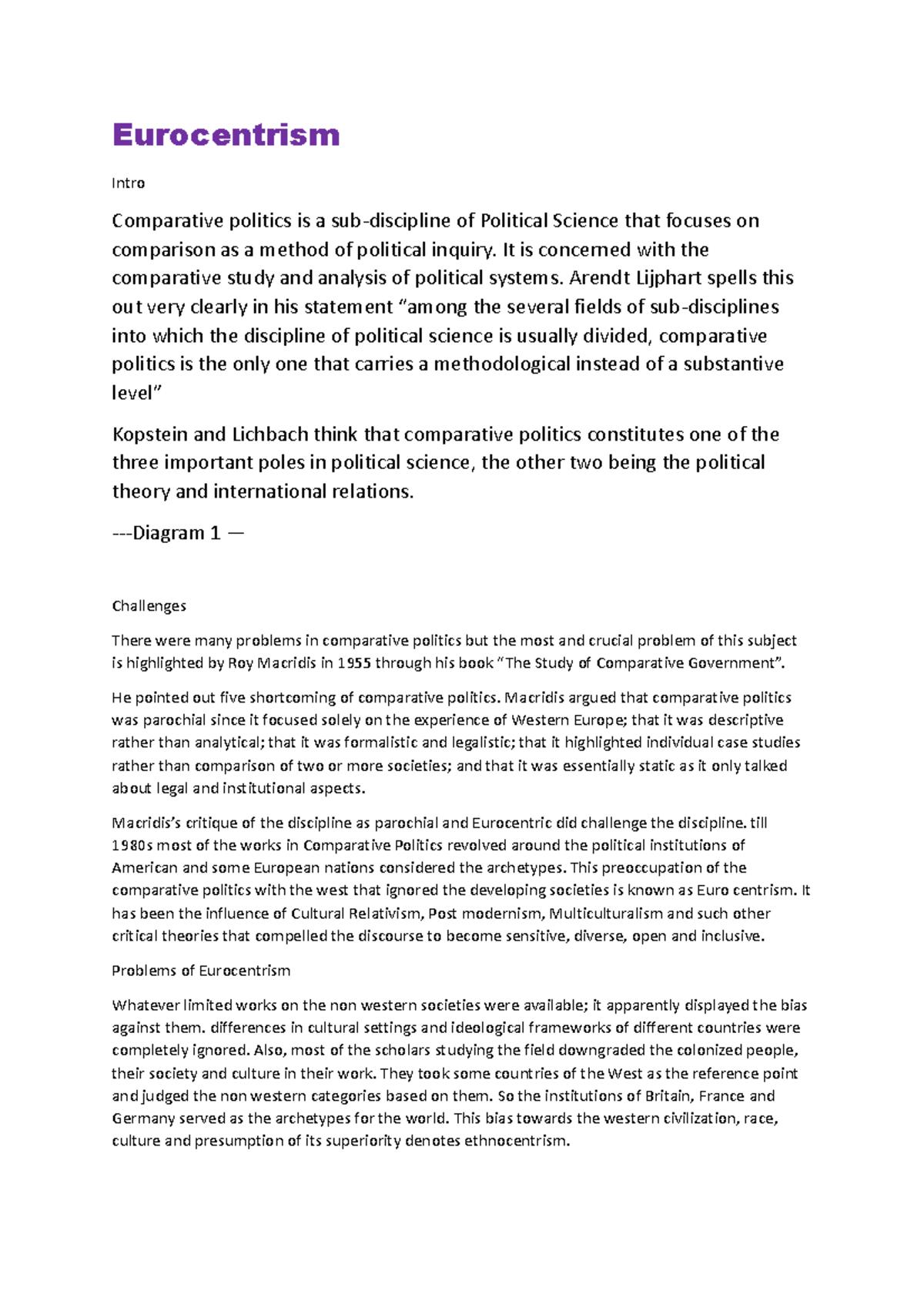 Eurocentrism - def - Eurocentrism Intro Comparative politics is a sub ...