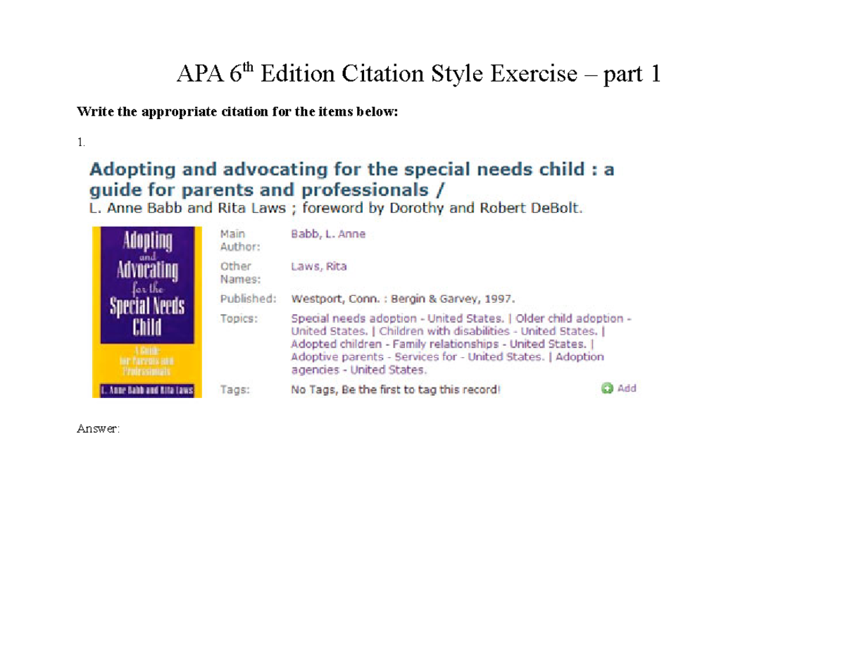 APA Citation Exercise June26 2010 - APA 6 th Edition Citation Style ...