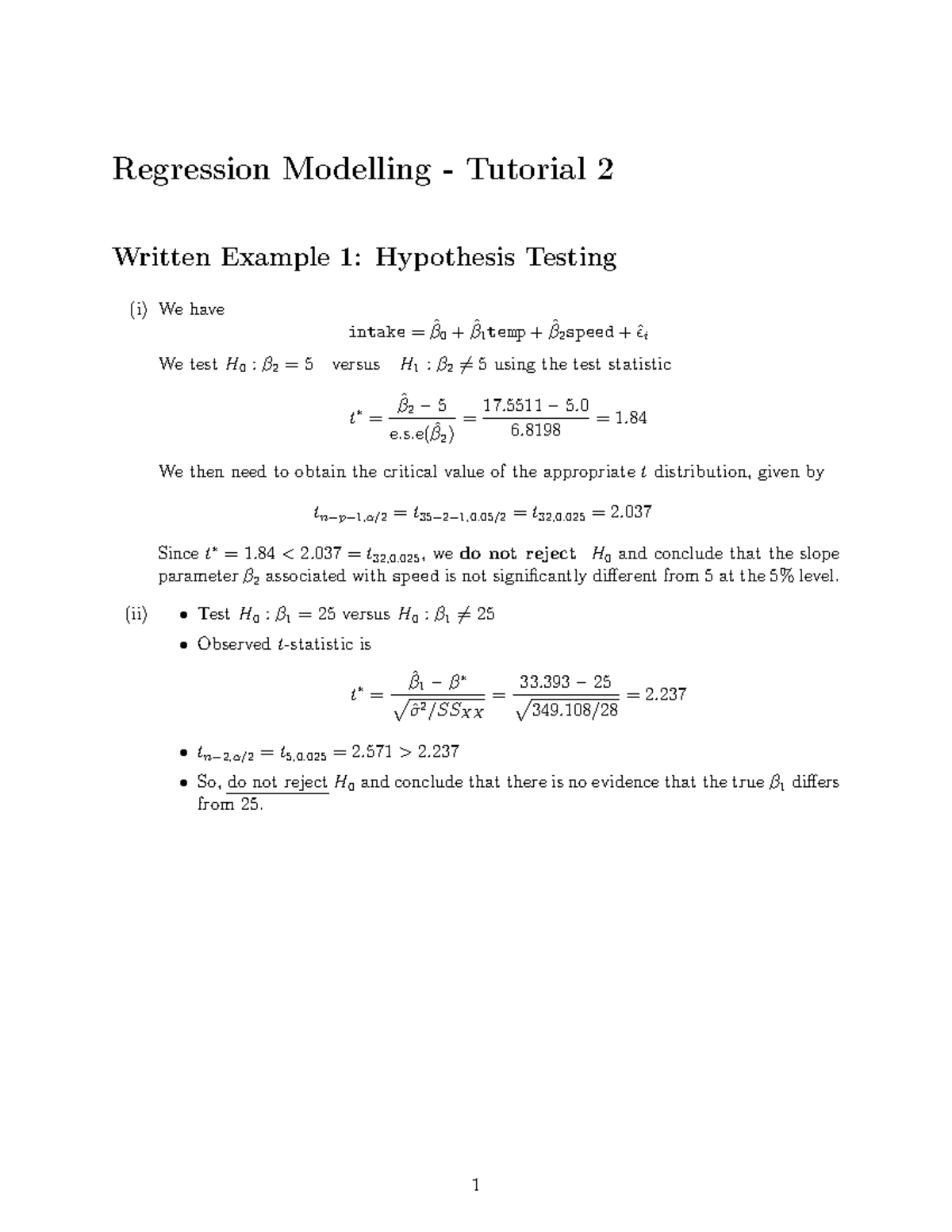 Lab 2 Solutions Regression Modelling Tutorial 2 Written Example 1 Hypothesis Testing I We