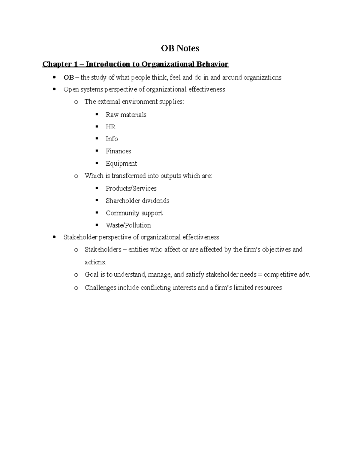 OB Notes - OB Notes Chapter 1 – Introduction to Organizational Behavior ...