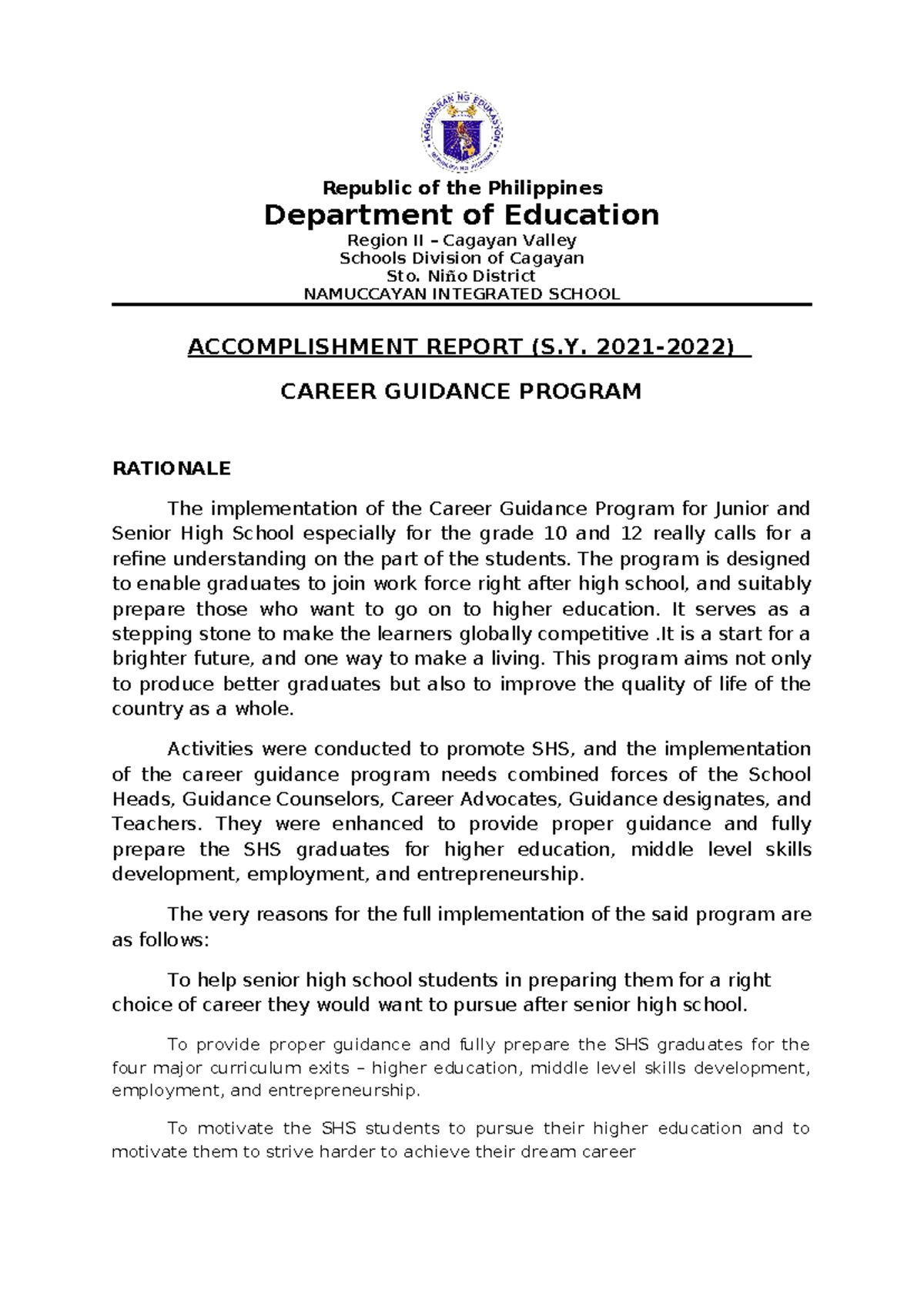 Accomplishemnt report 2022 CGP - Republic of the Philippines Department ...