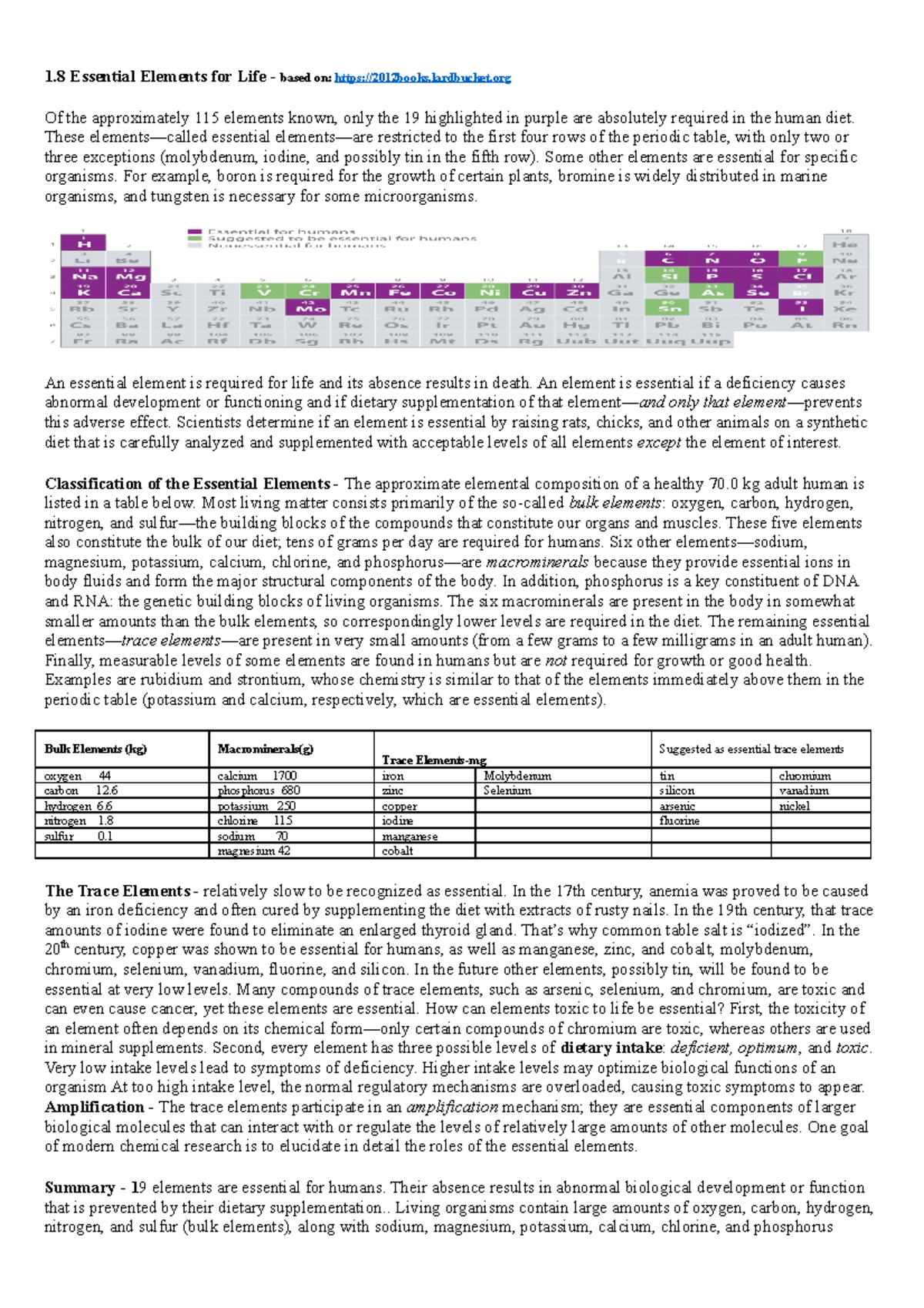 Essential Human elements - 1 Essential Elements for Life - based on ...