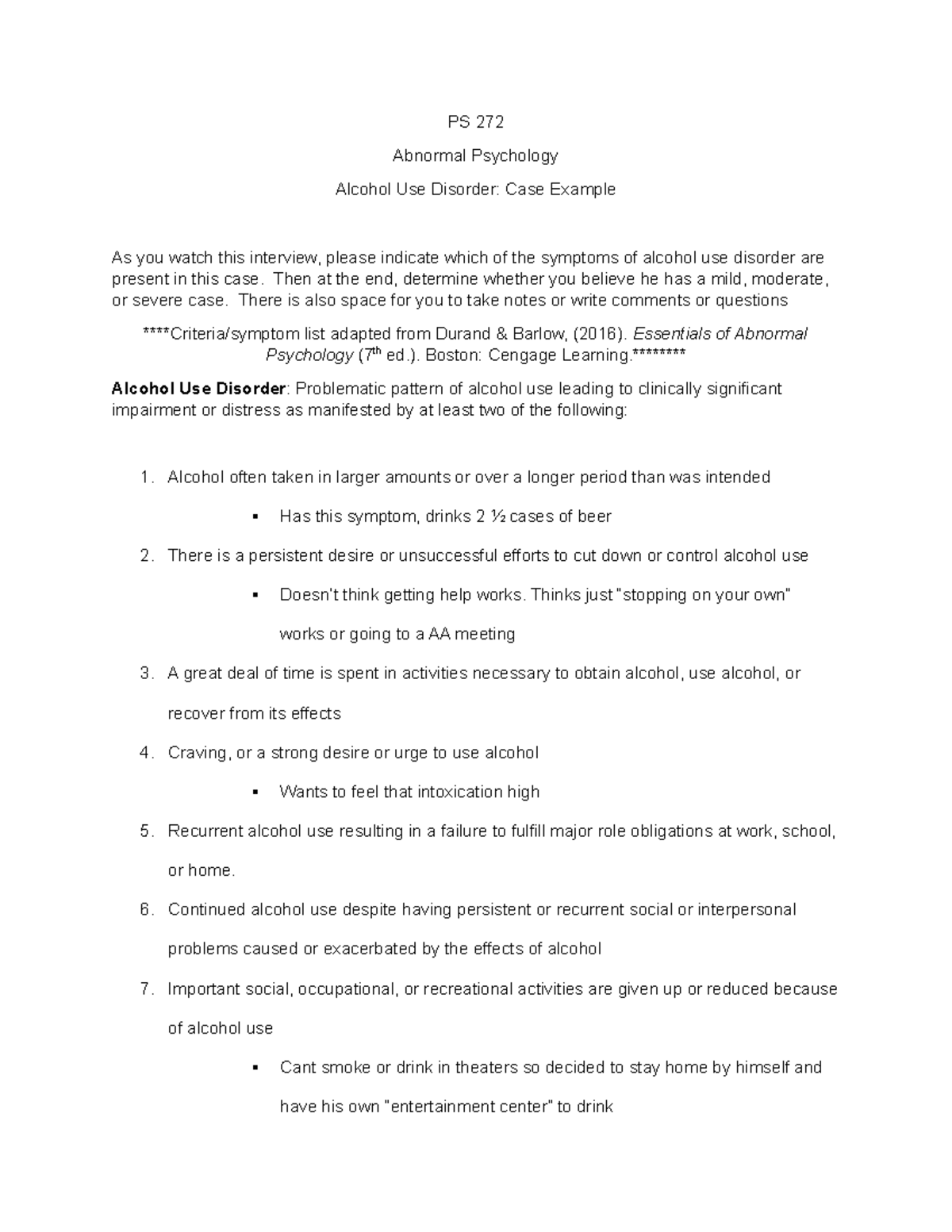 Substance Use Alcohol Case Study Handout - PS 272 Abnormal Psychology ...