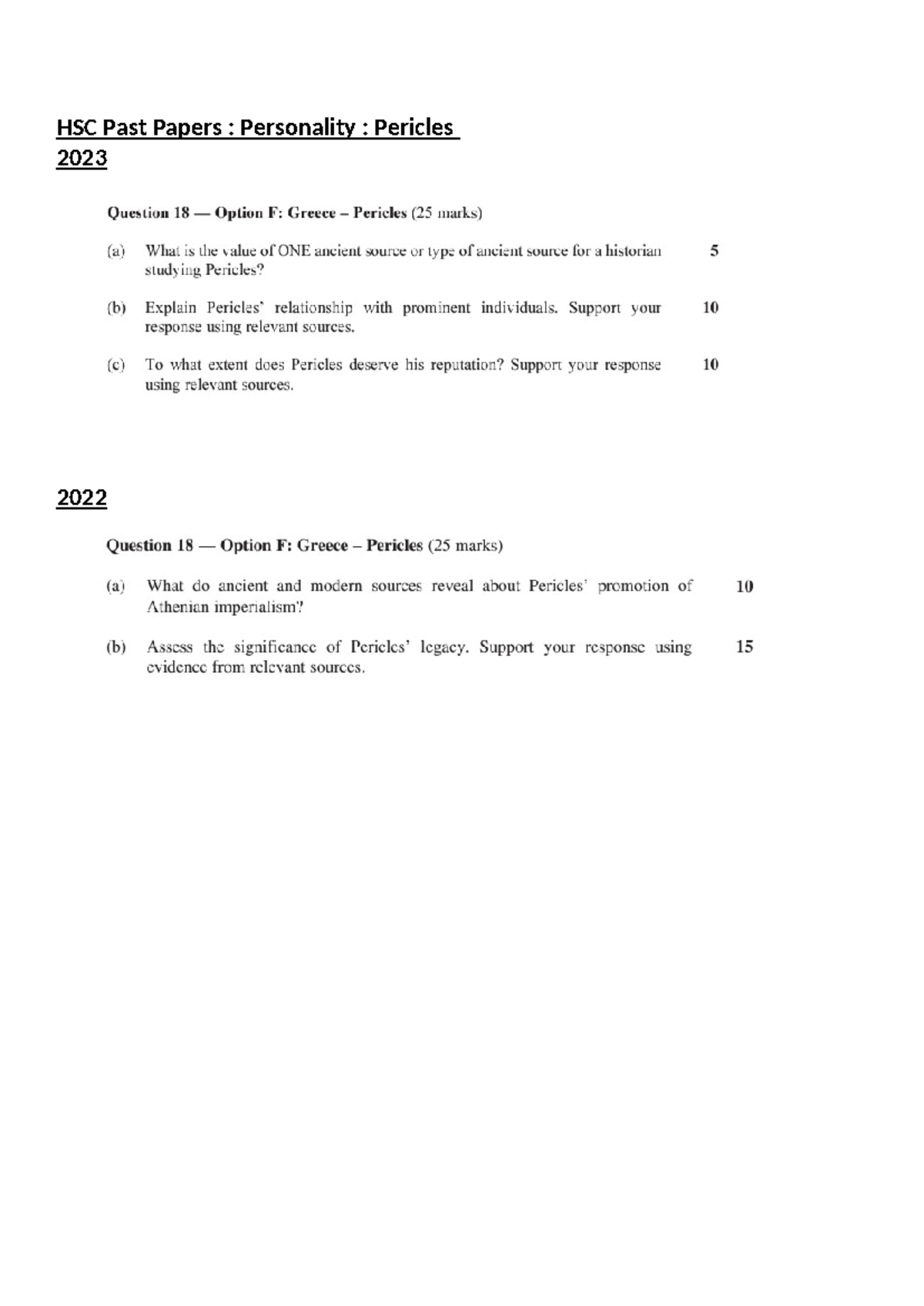 HSC Past Papers Pericles Questions - HSC Past Papers : Personality ...