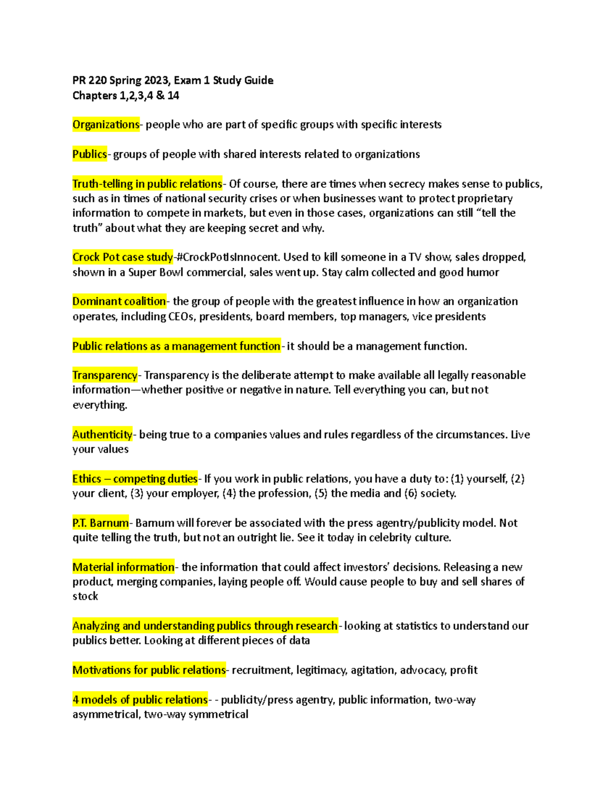 Exam #1 PR 220 Study Guide - PR 220 Spring 2023, Exam 1 Study Guide ...