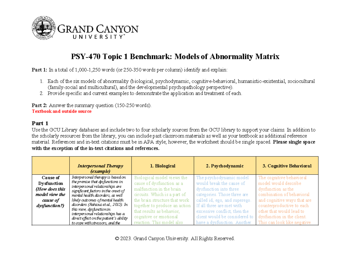 PSY 470-Models of Abnormality Matrix - PSY-470 Topic 1 Benchmark ...