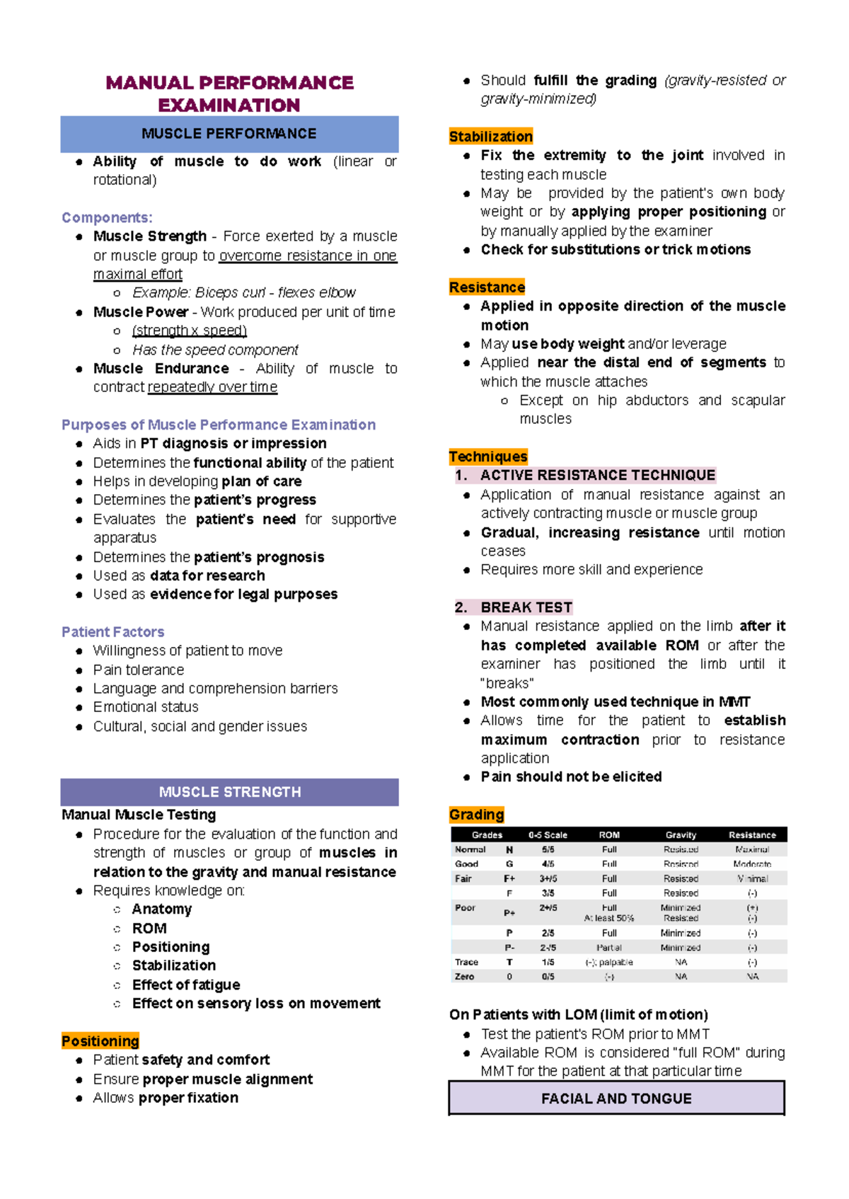 MMT - mmt - MANUAL PERFORMANCE EXAMINATION MUSCLE PERFORMANCE Ability of muscle to do work ...