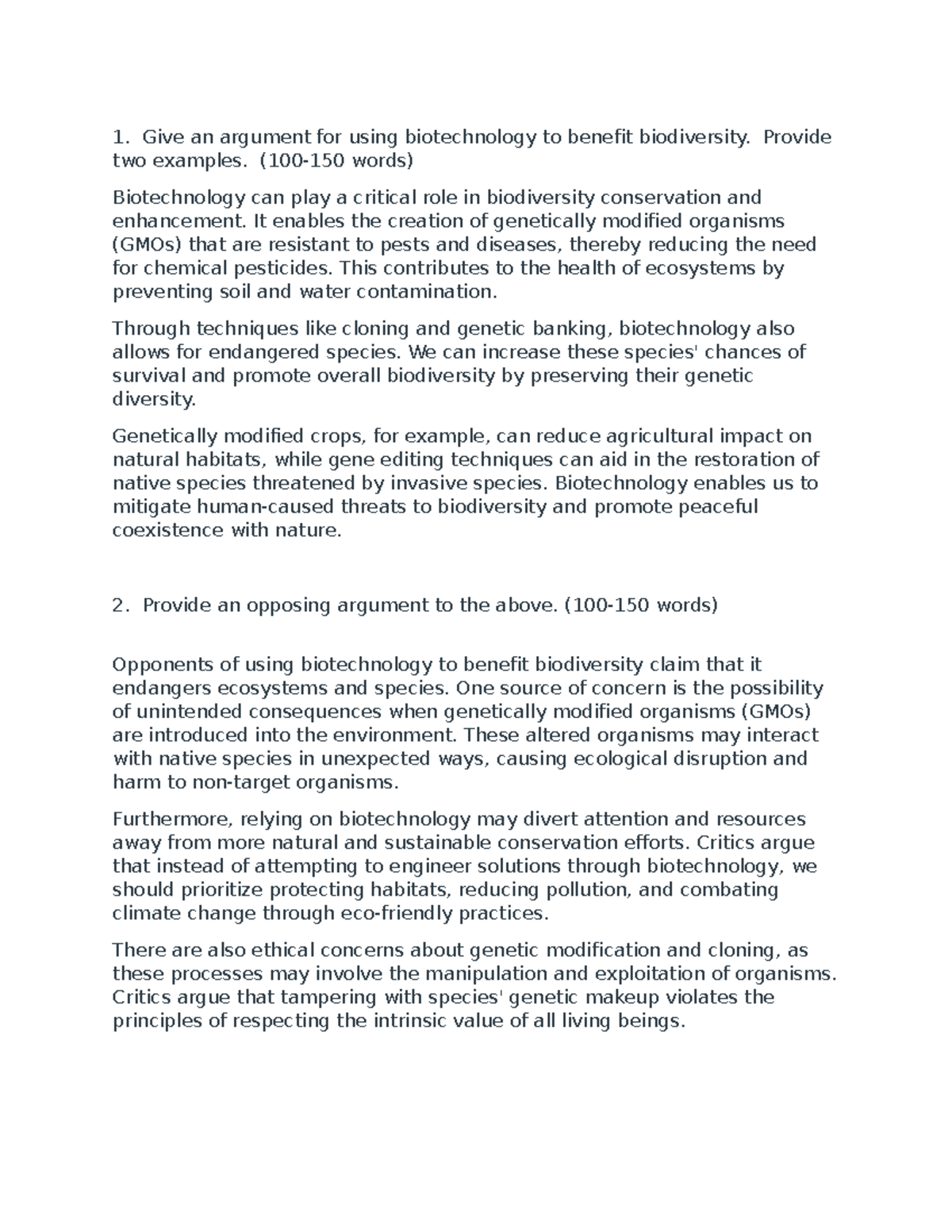 Writing Assignment- Biotechnology -Janessa Boggs - Give an argument for ...