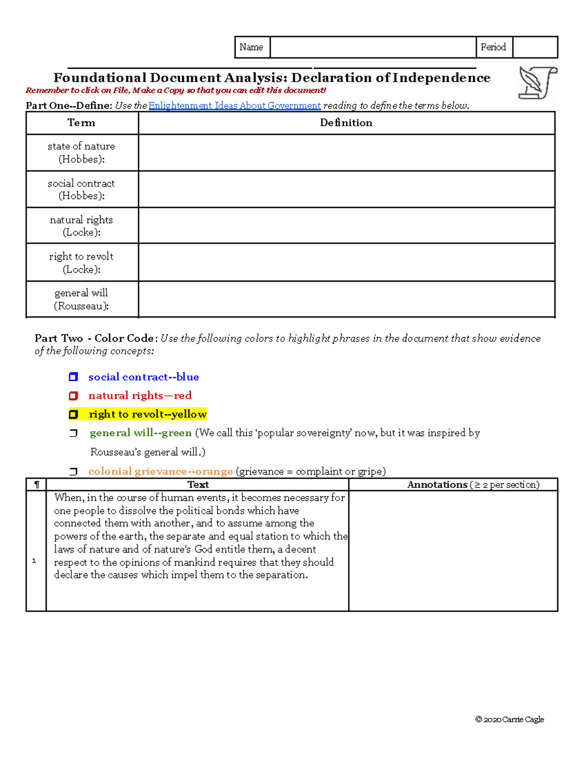 (1)Declaration of Independence Analysis - Name Period Foundational ...