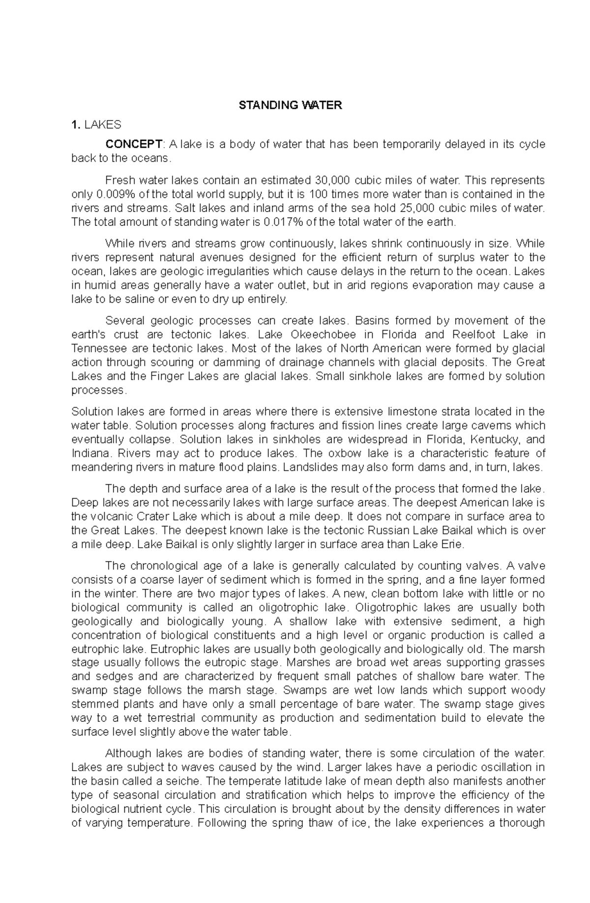 Environmental Science - STANDING WATER 1. LAKES CONCEPT: A lake is a ...