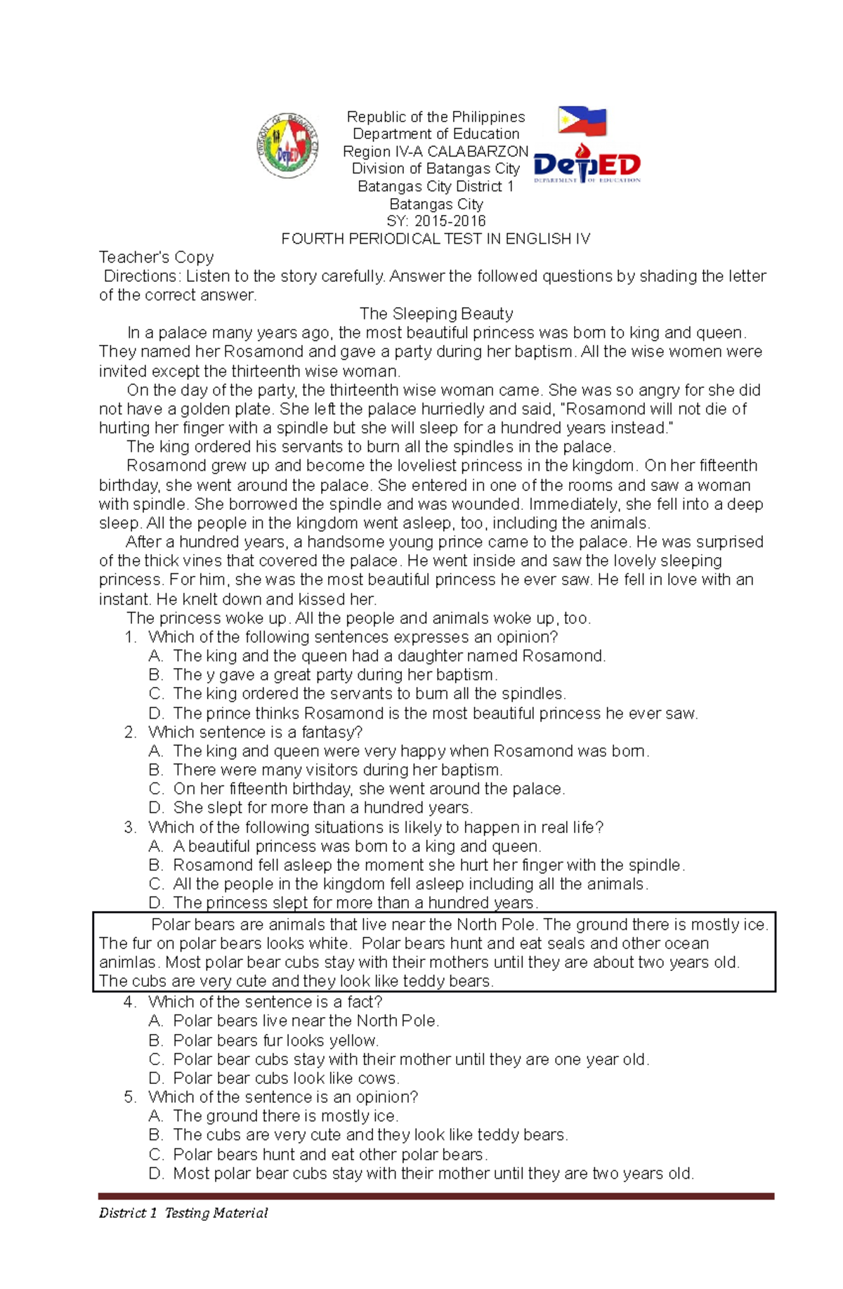 4TH Periodical TEST IN English - Department of Education Region IV-A ...