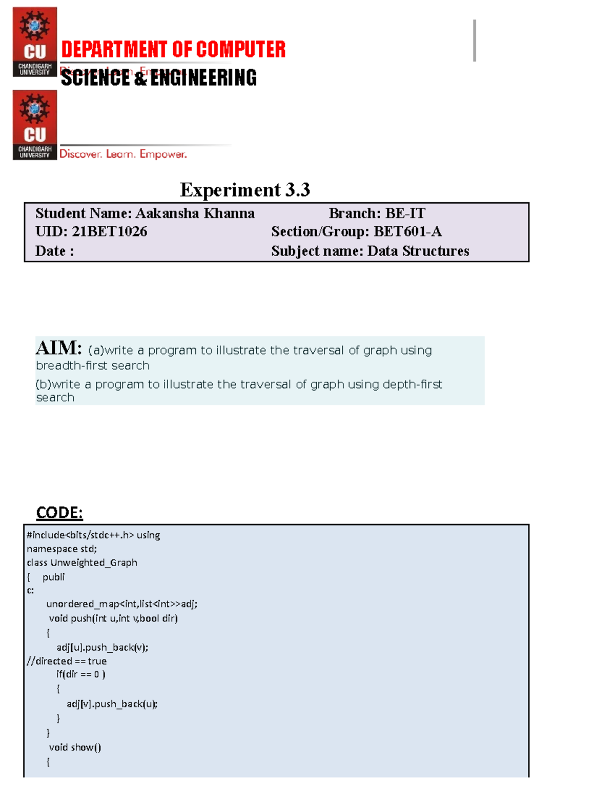 3 - Worksheet - SCIENCE & ENGINEERING Experiment 3. Student Name ...