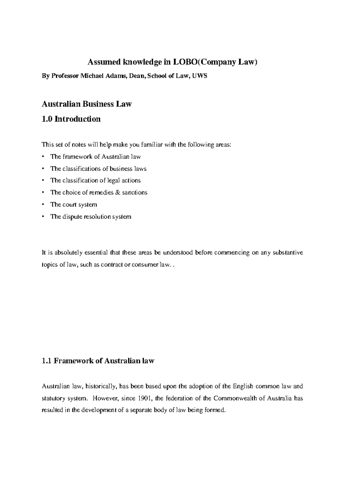 Assumed knowledg for LOBO - Assumed knowledge in LOBO(Company Law) By ...
