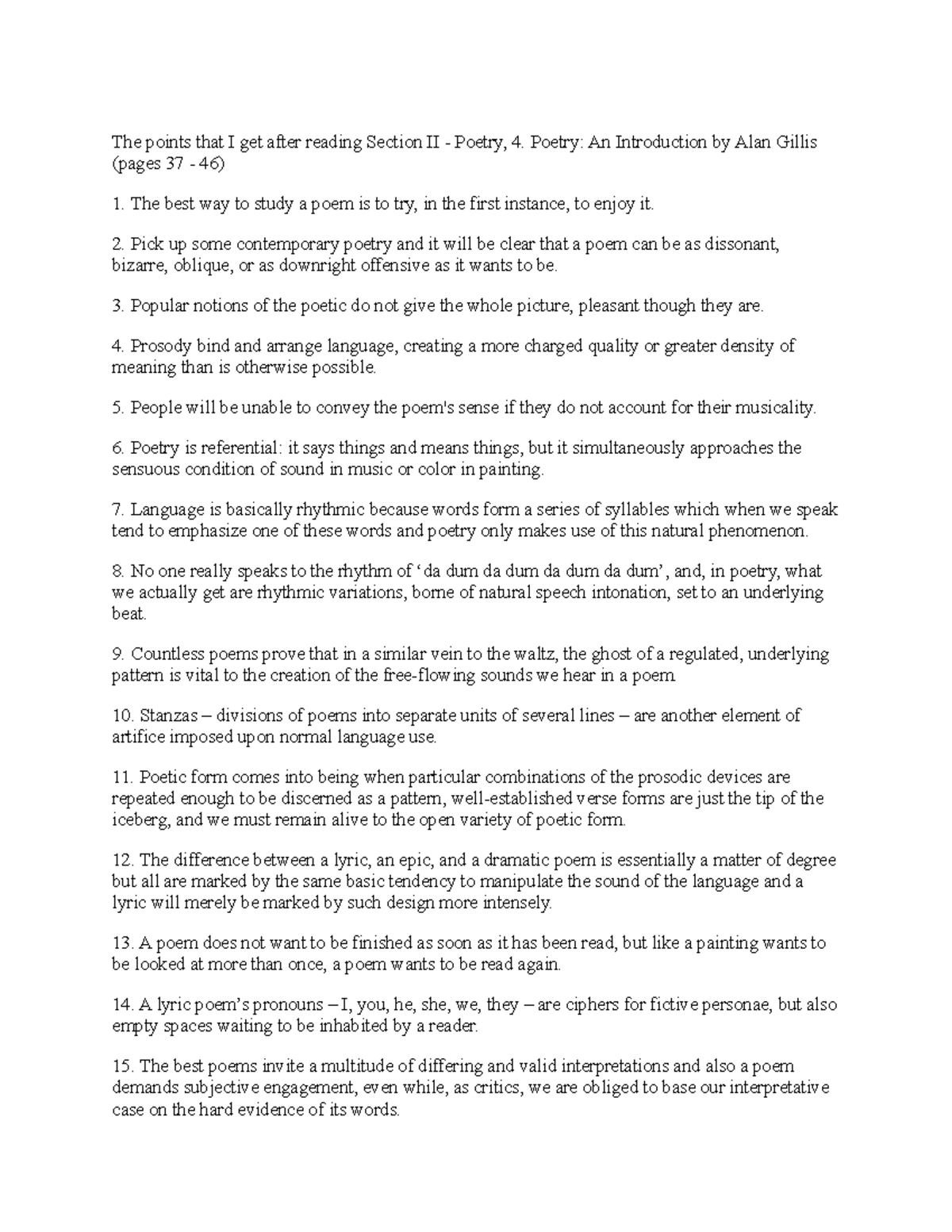 Summary Poetry_An Introduction by Alan Gillis (pages 37 - 46) - The ...