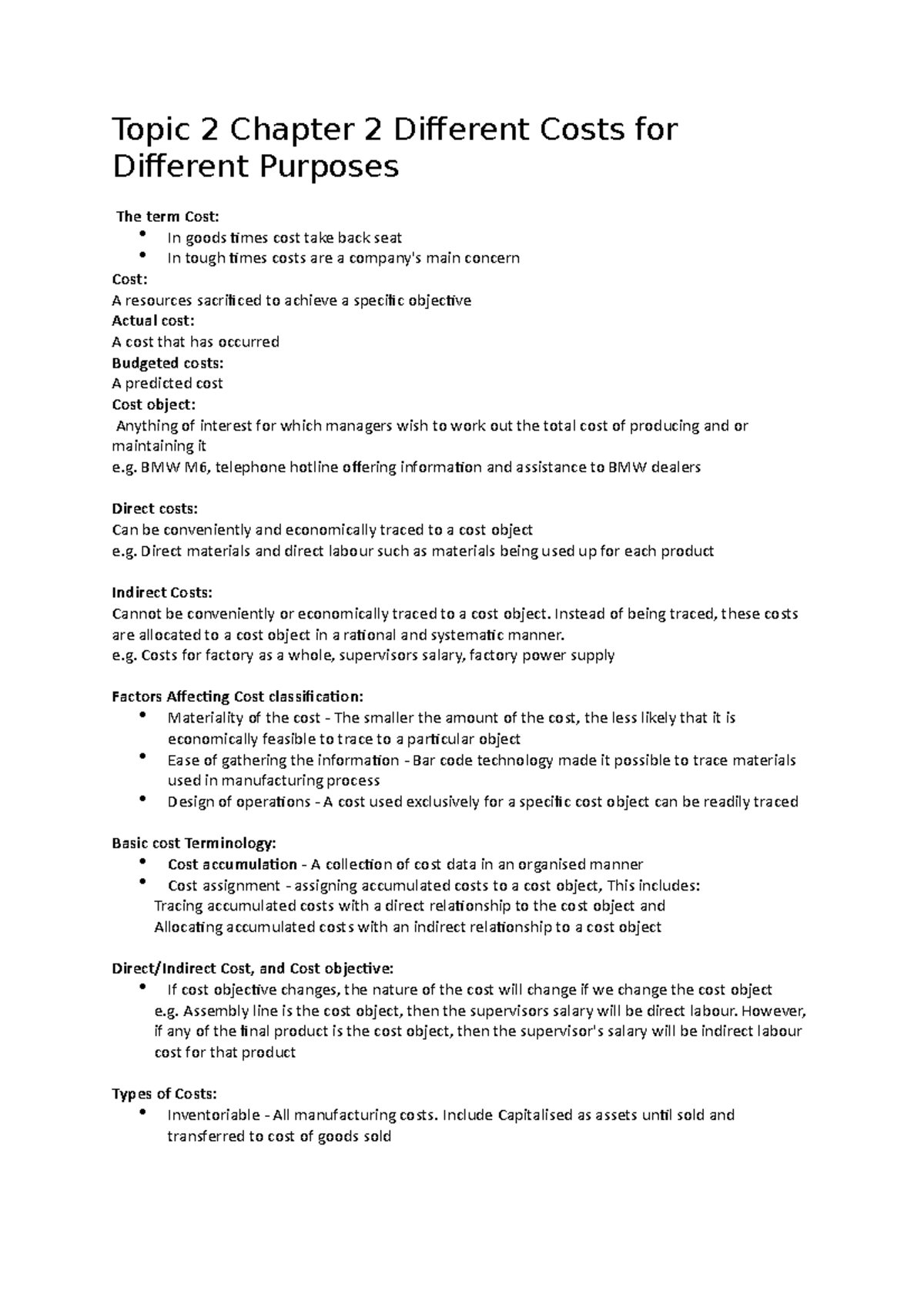 Topic 2 Chapter 2 Different Costs for Different Purposes - Topic 2 ...