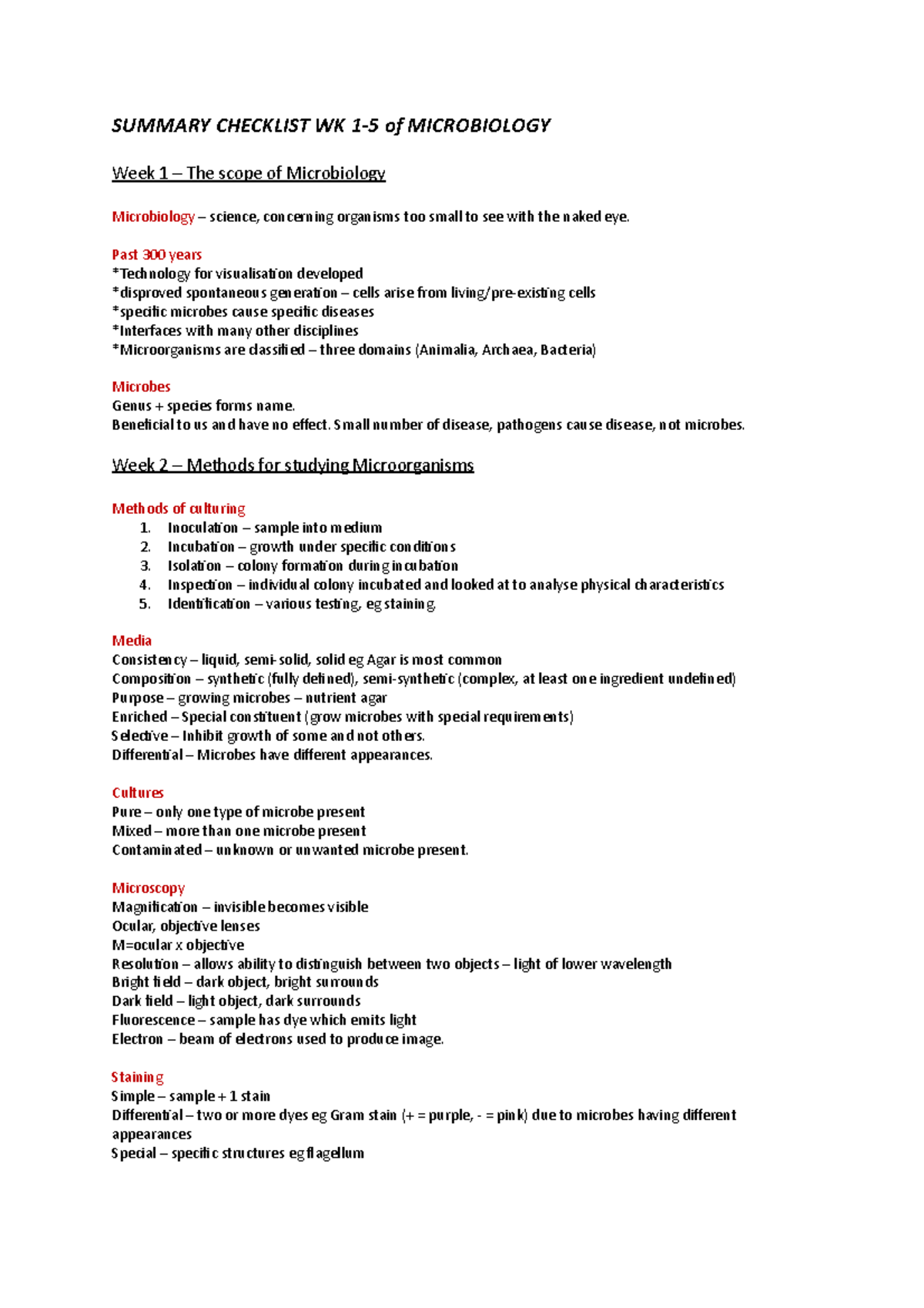 Summary Checklist Microbio Midsemester test - SUMMARY CHECKLIST WK of ...