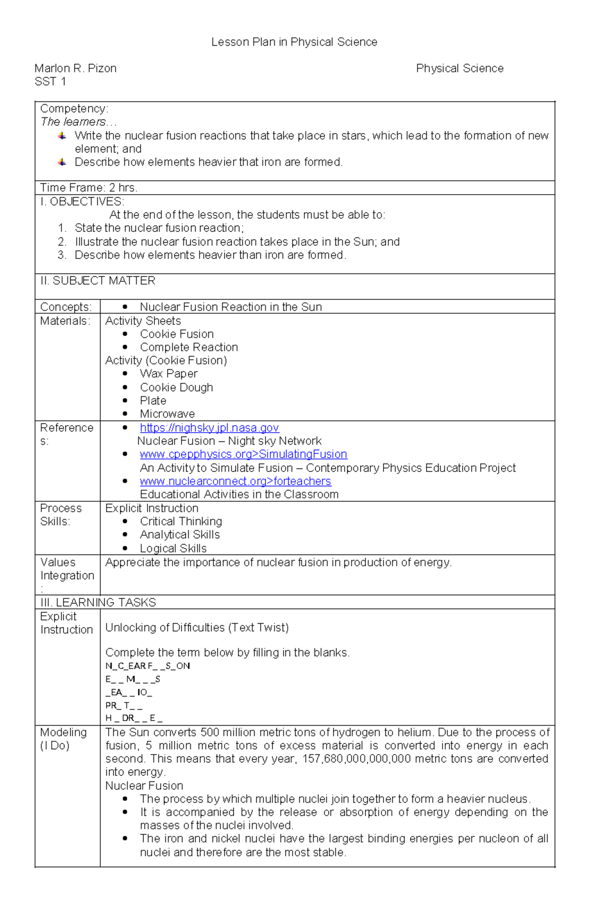 Formation of New Element - Lesson Plan in Physical Science Marlon R ...