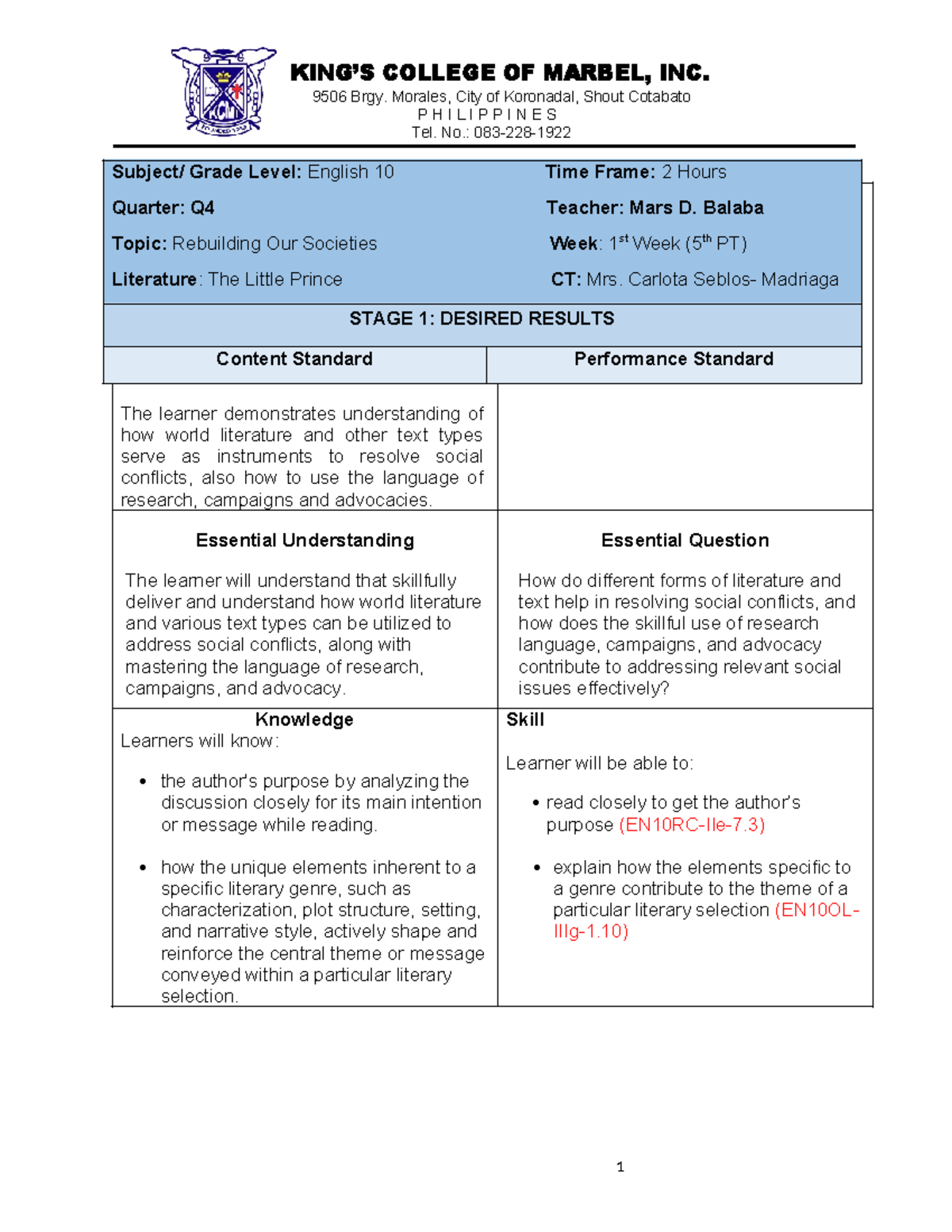 UBD LP LIT Balaba - lesson plan - 9506 Brgy. Morales, City of Koronadal ...