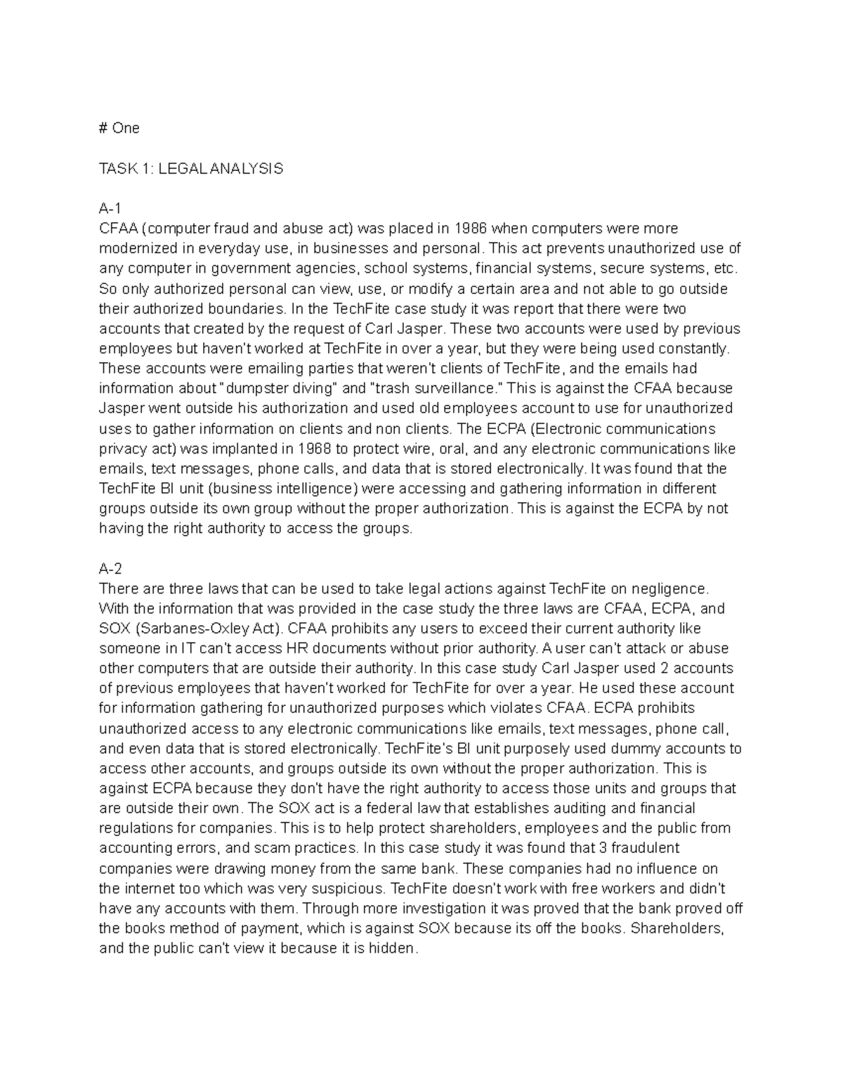 Legal Analysis Task 1 - One TASK 1: LEGAL ANALYSIS A- CFAA (computer ...
