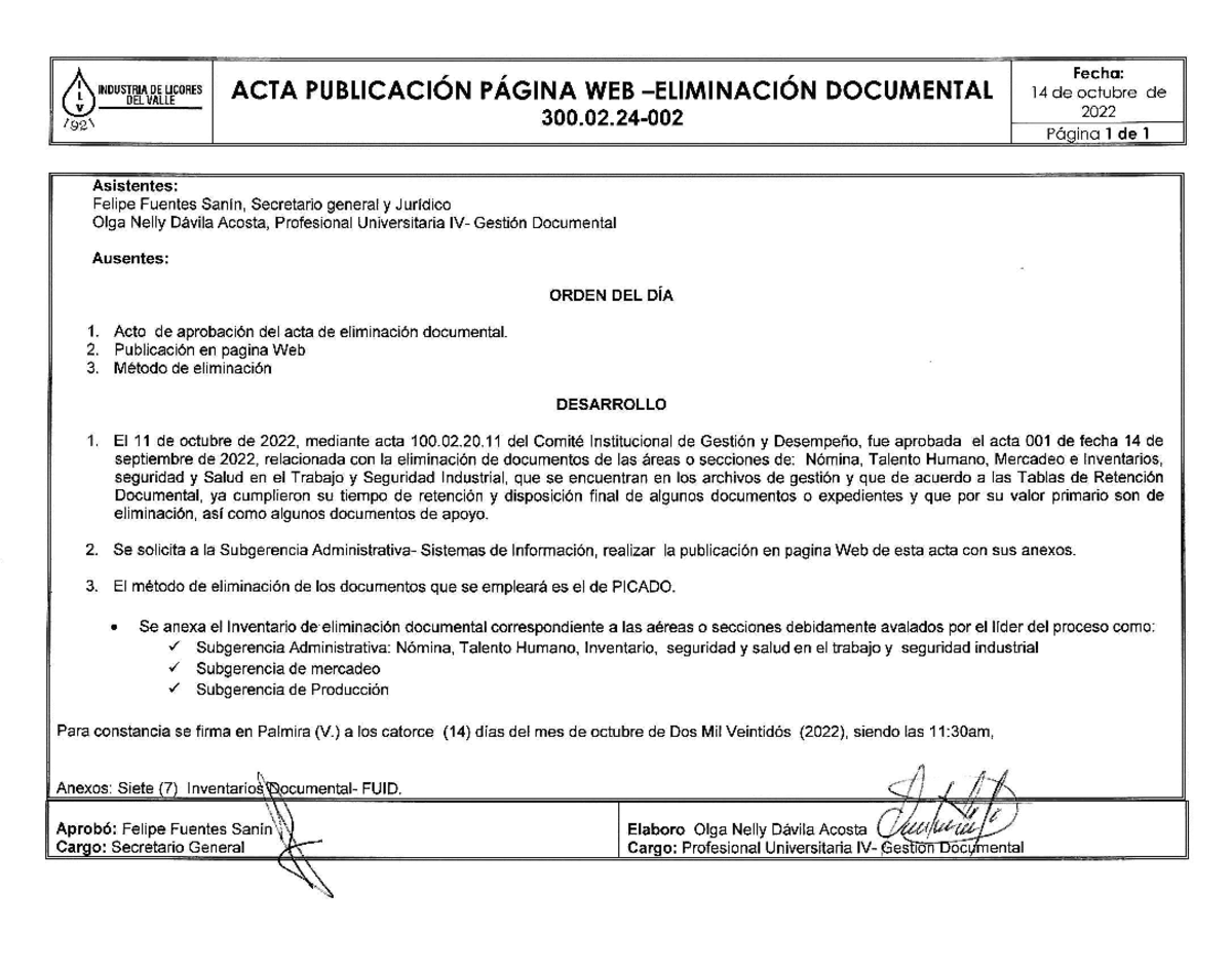 Eliminacion- Documental - , , r Fecha: (Í)INDUSTRIA DE LICORES ACTA ...