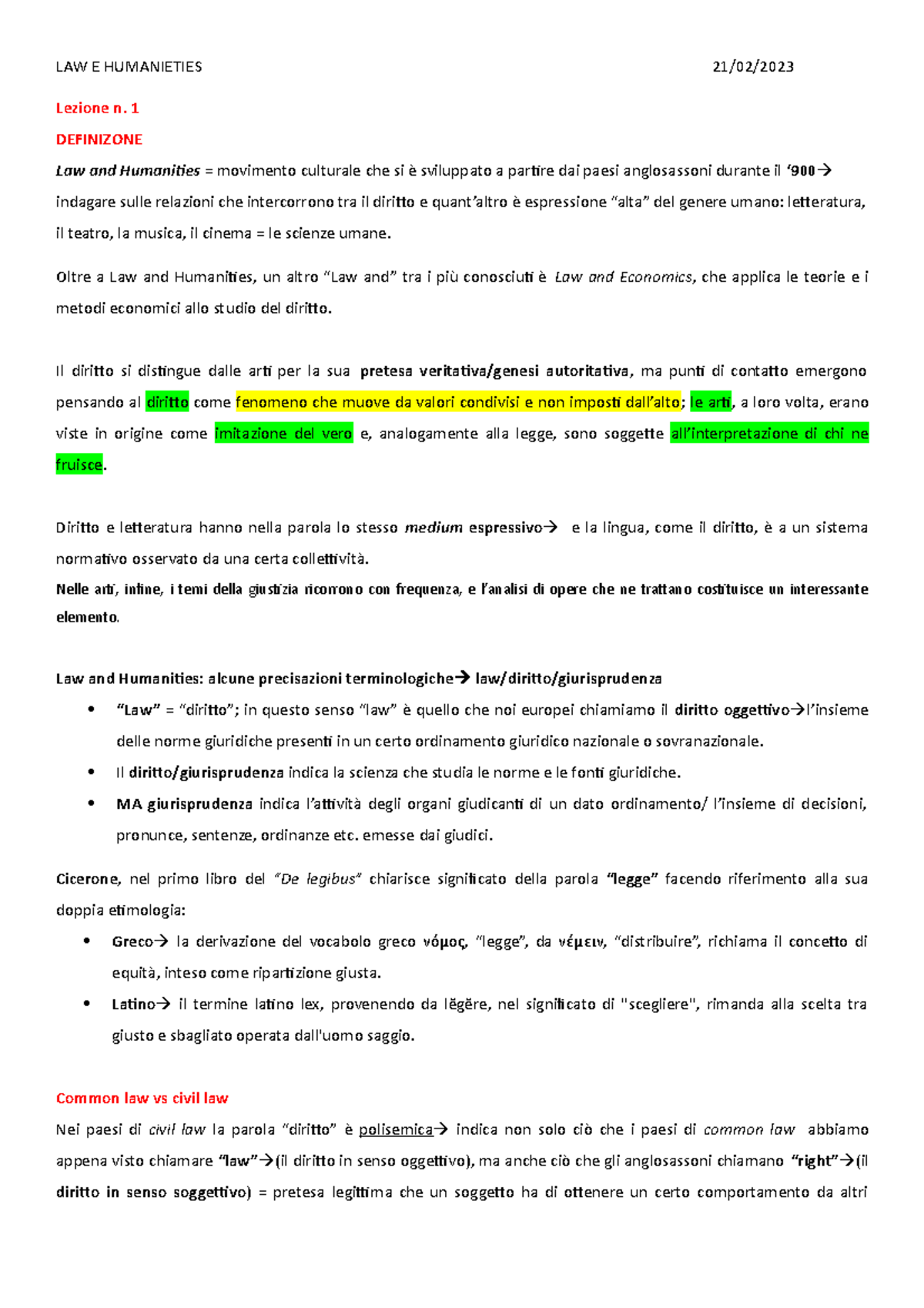Lezione n. 1 - 22/23 - Lezione n. 1 DEFINIZONE Law and Humanities ...