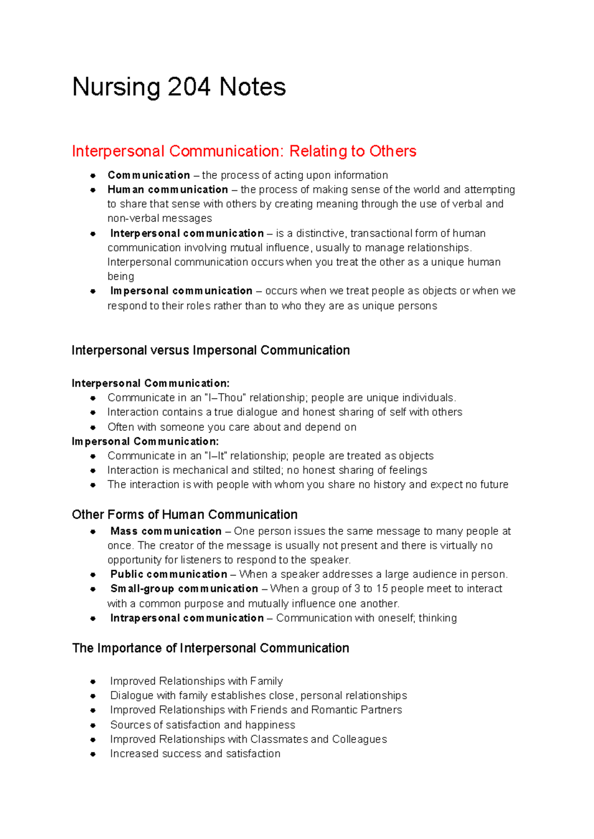 Nursing 204 Notes - Nursing 204 Notes Interpersonal Communication ...