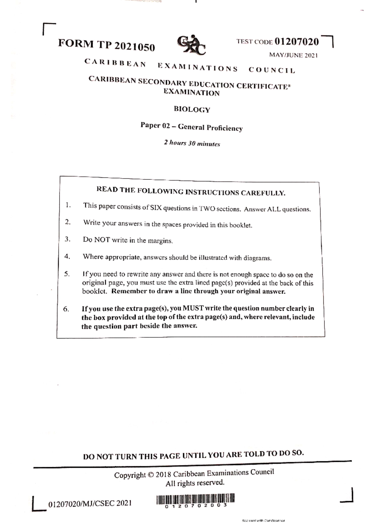 CSEC Biology Paper 2 May 2021 - Bachelor of Business Administration ...